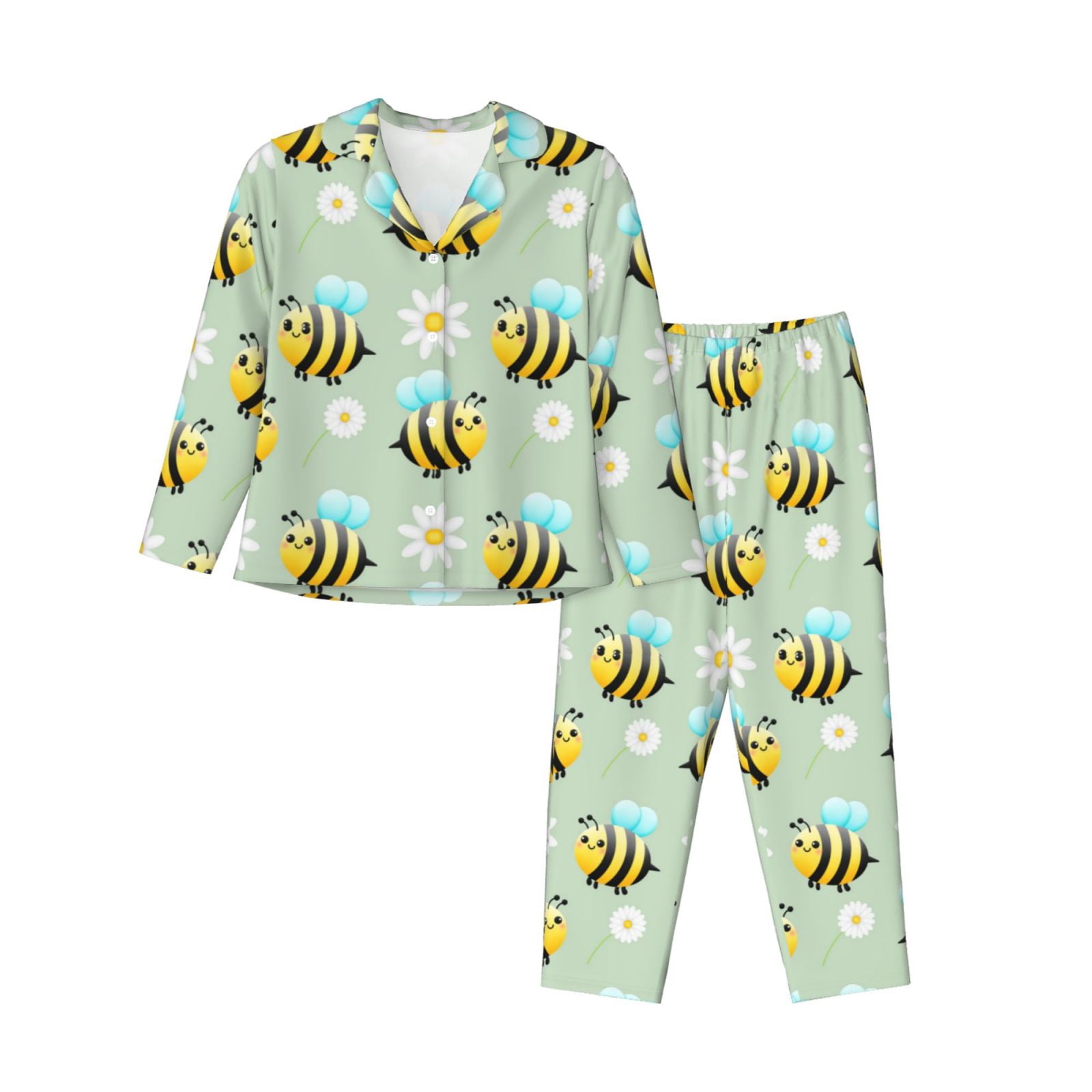2 Piece Womens Pajama Sets - cute Bees daisy flowers green Soft ...