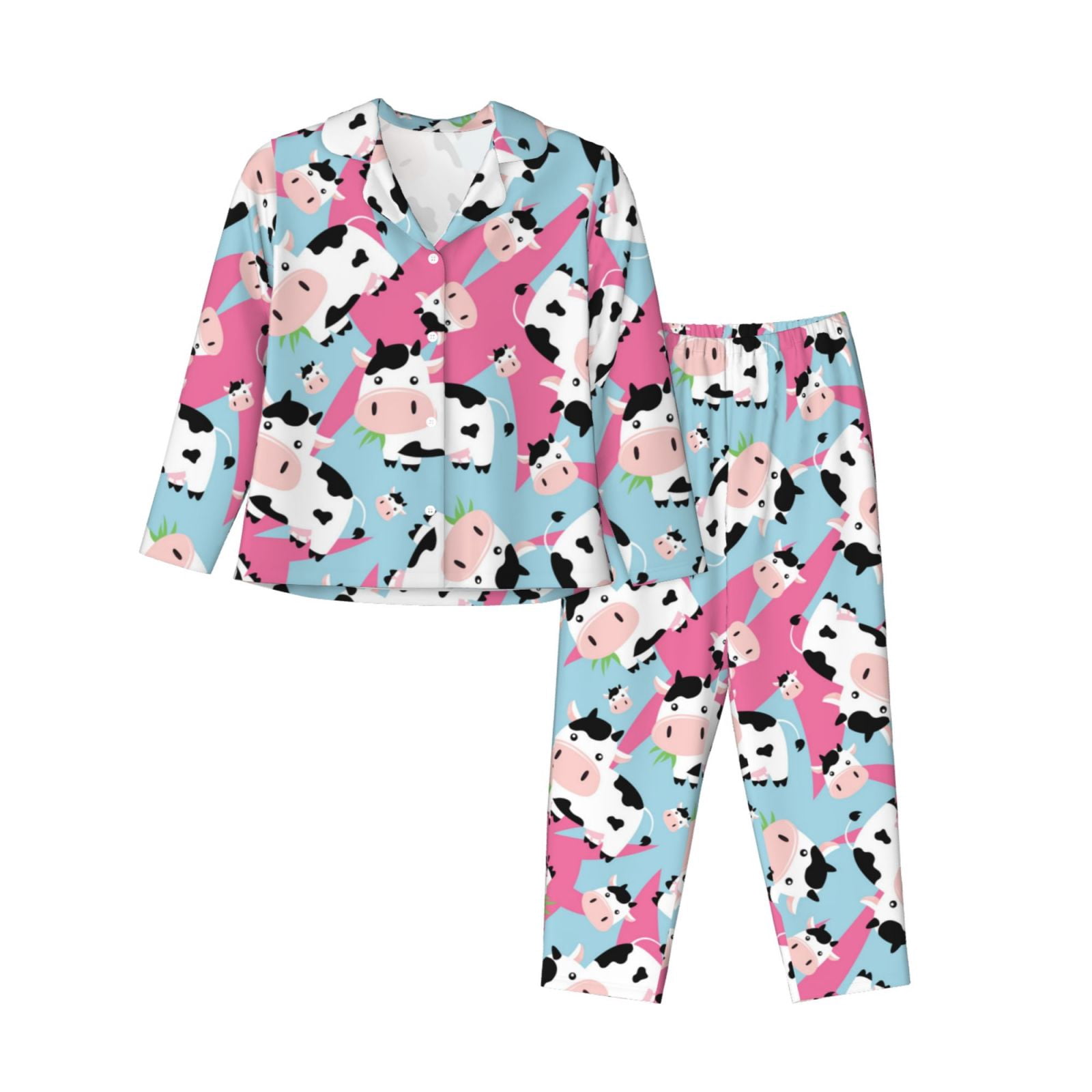 2 Piece Womens Pajama Sets - cute cow animal pink blue Soft Sleepwear ...