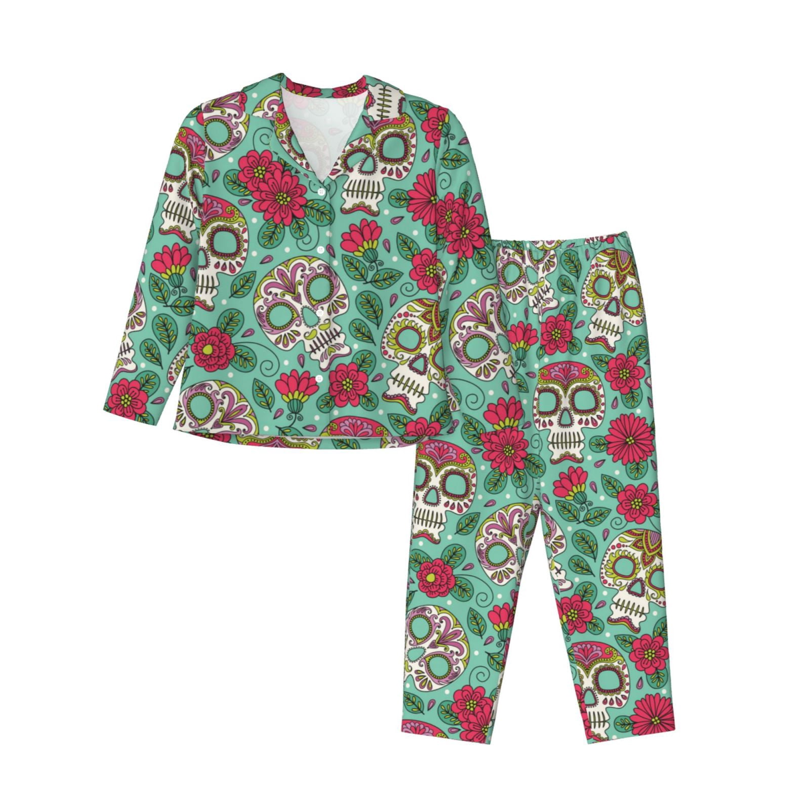 2 Piece Womens Pajama Sets - flower skull_A Soft Sleepwear Comfy ...