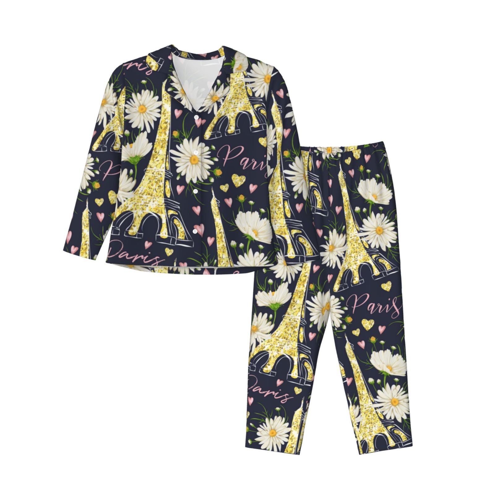 2 Piece Womens Pajama Sets - glod Eiffel Tower daisy Soft Sleepwear ...