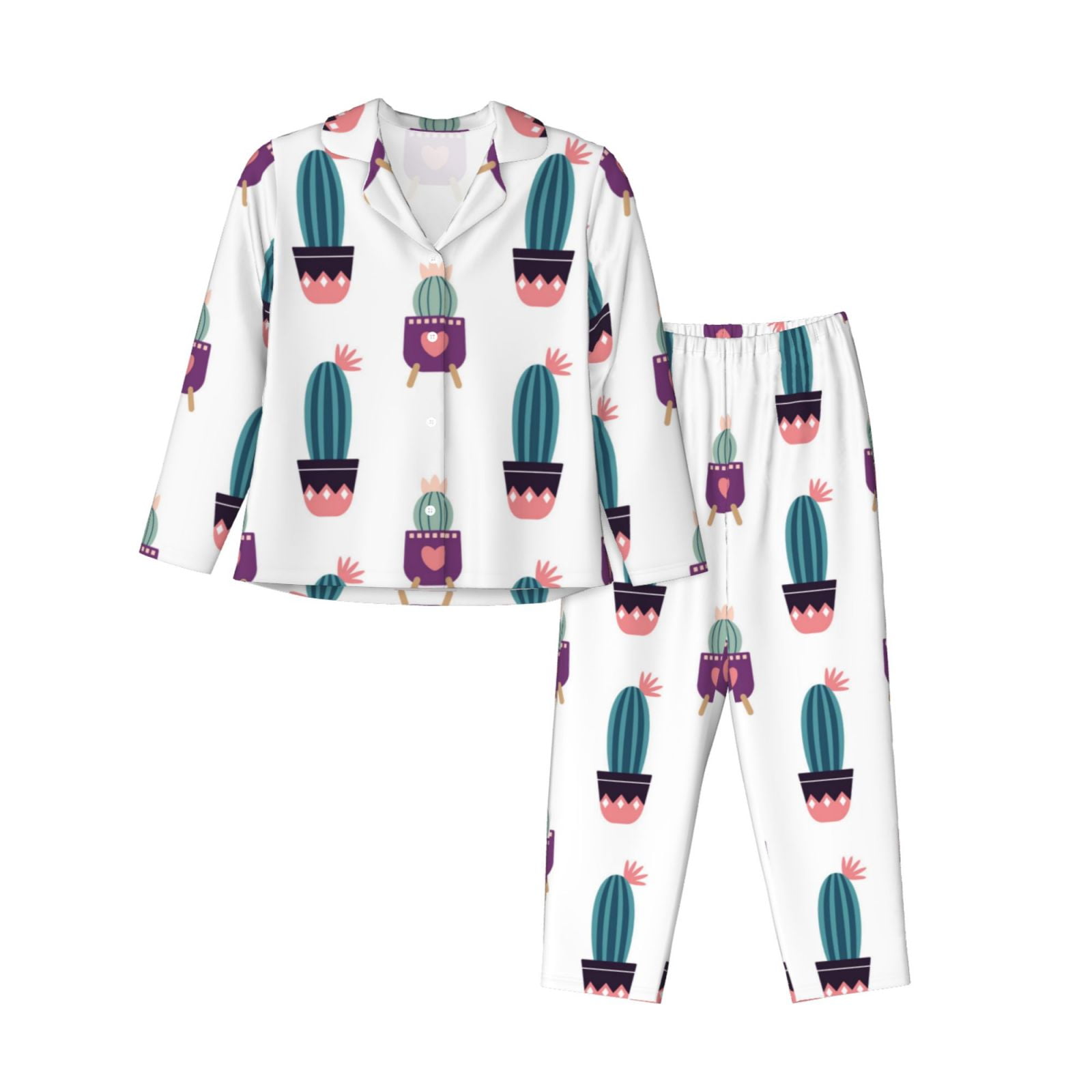 2 Piece Womens Pajama Sets - heart Cactus potted plant Soft Sleepwear ...