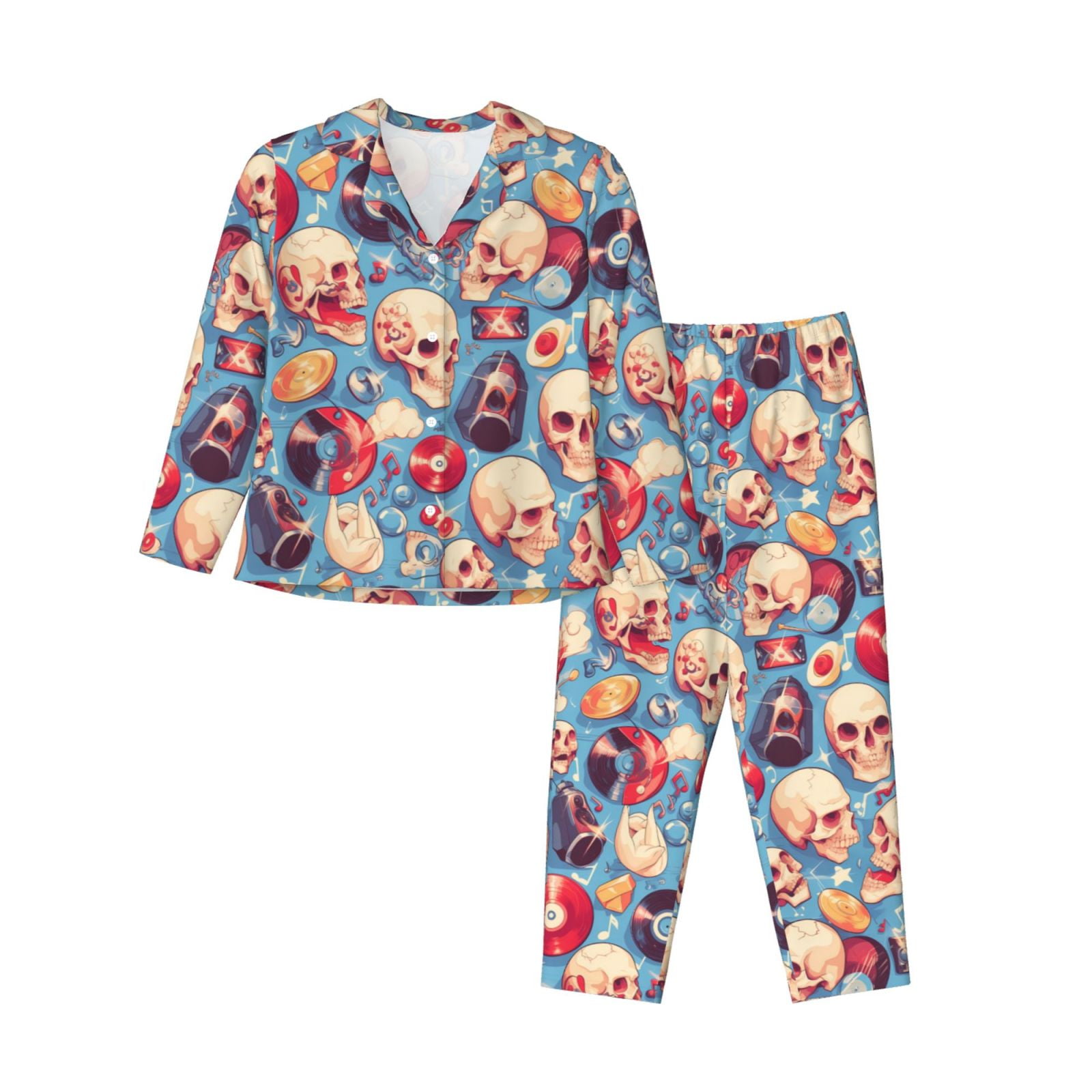 2 Piece Womens Pajama Sets - music Skull record Retro Soft Sleepwear ...