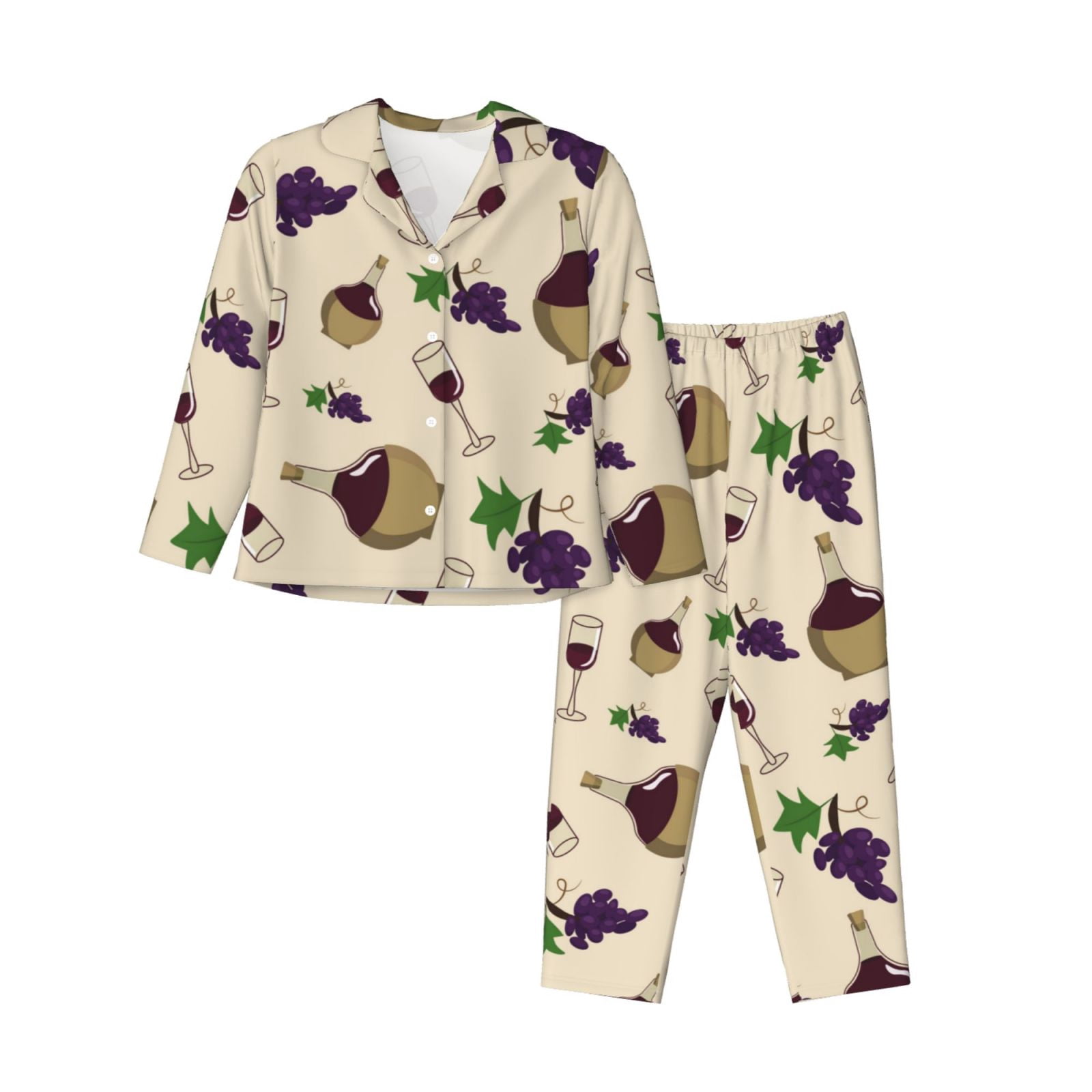 2 Piece Womens Pajama Sets - wine glass grape Soft Sleepwear Comfy ...