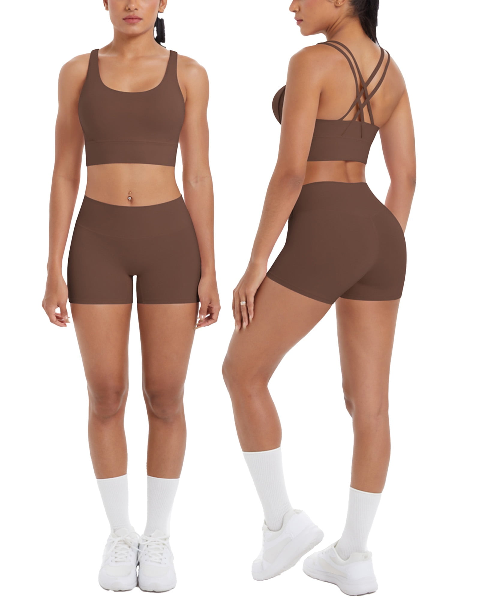 2 Piece Womens Seamless Workout Sets Cross Strappy Halter Sports Bra ...