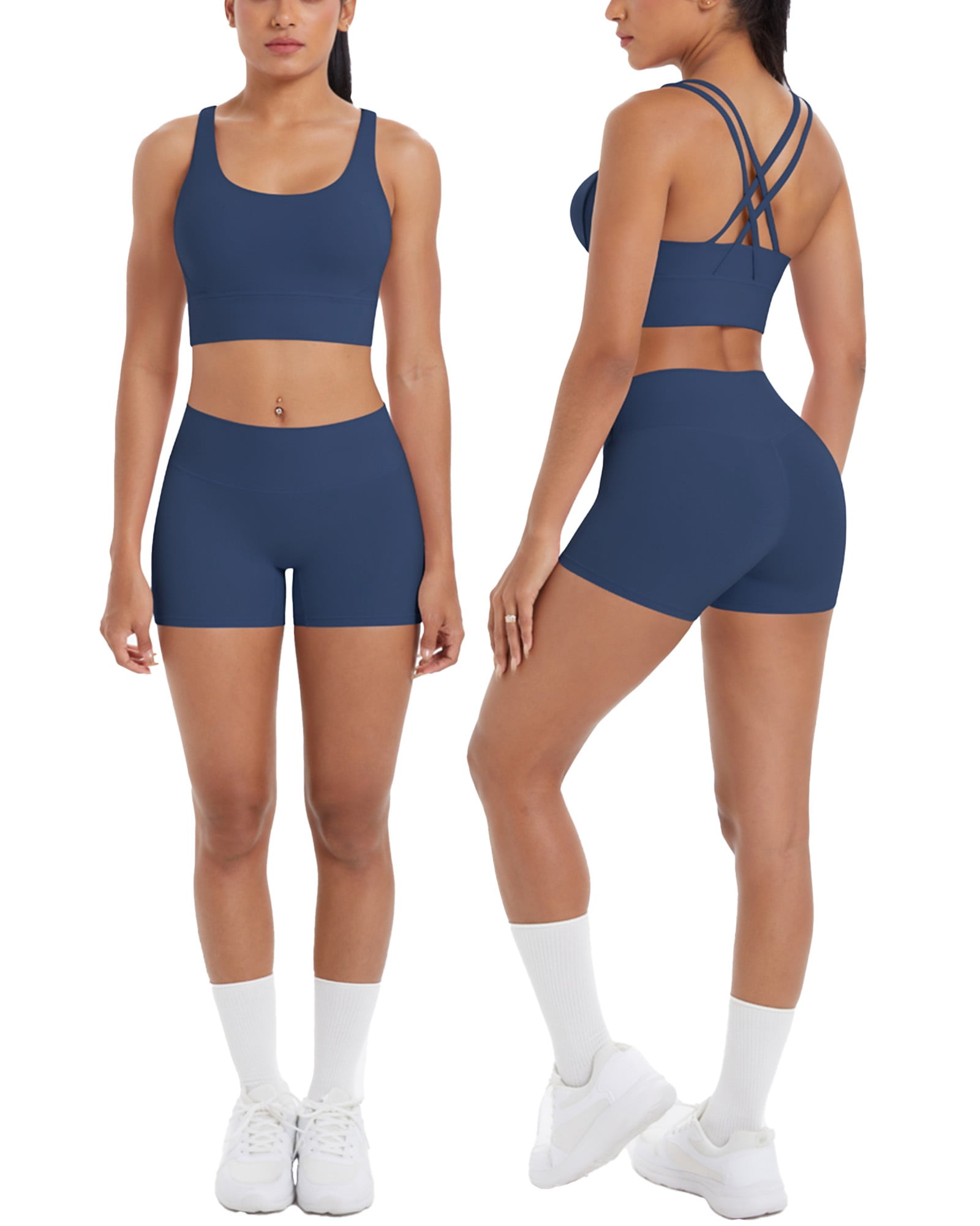 2 Piece Womens Seamless Workout Sets Cross Strappy Halter Sports Bra ...