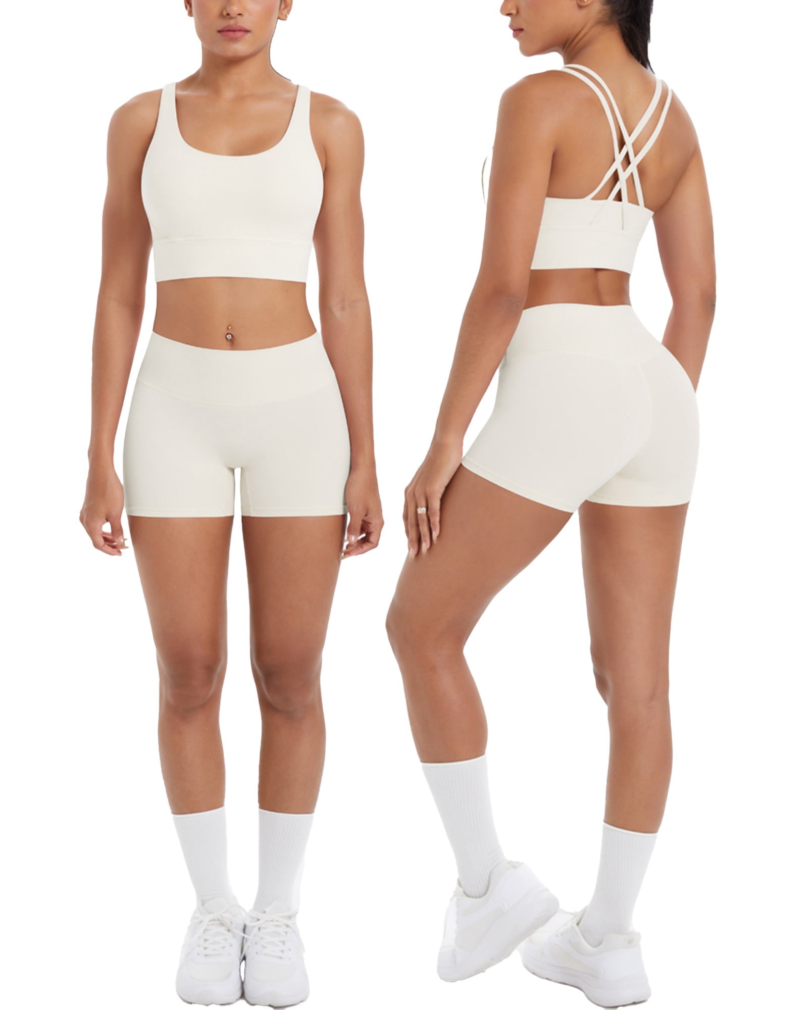 2 Piece Womens Seamless Workout Sets Cross Strappy Halter Sports Bra ...