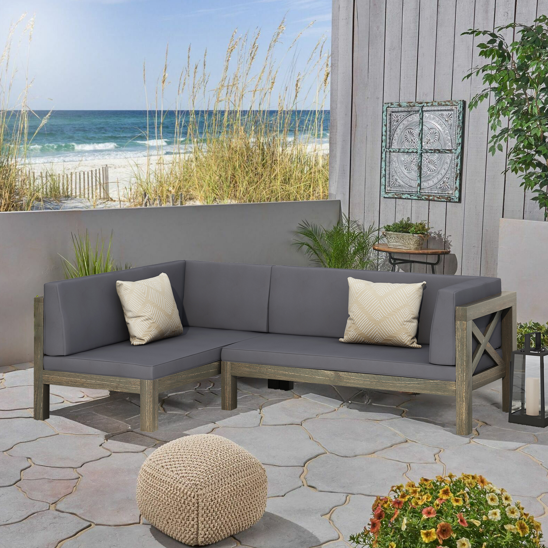 2-Piece Wood Right Dining Corner Bench with Gray Cushions - Walmart.com