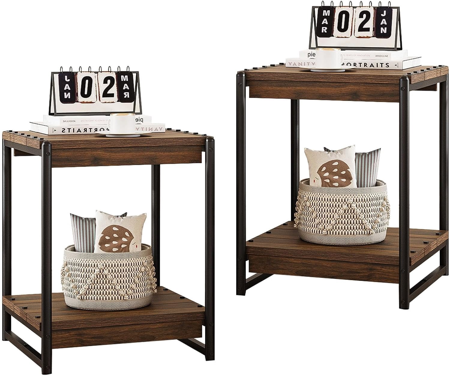2-Piece Wood Square Side End Tables with 2-Tier Storage, Nightstands ...