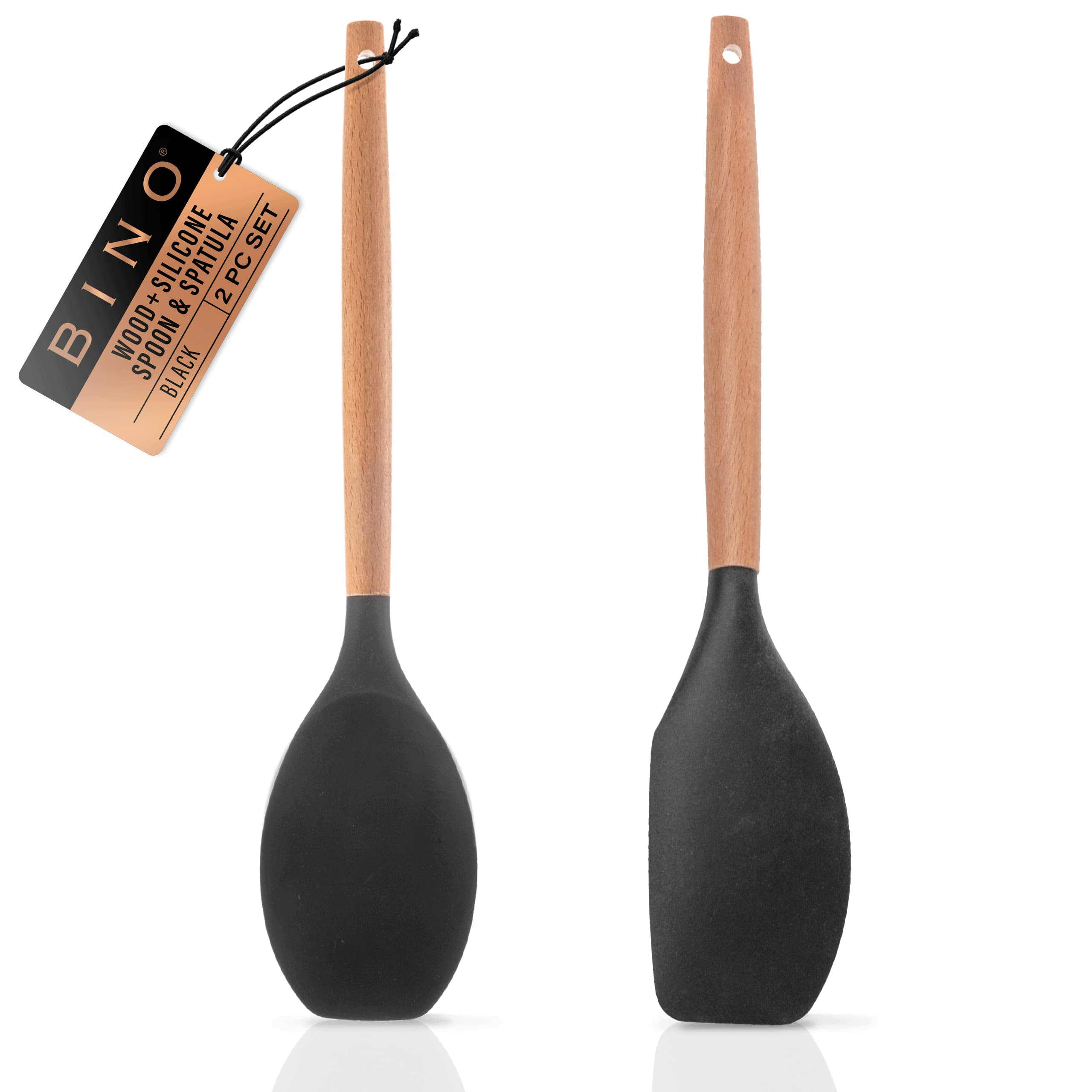 2-Piece Wooden Handle Silicone Mixing Spoons & Spatulas Set - Black ...