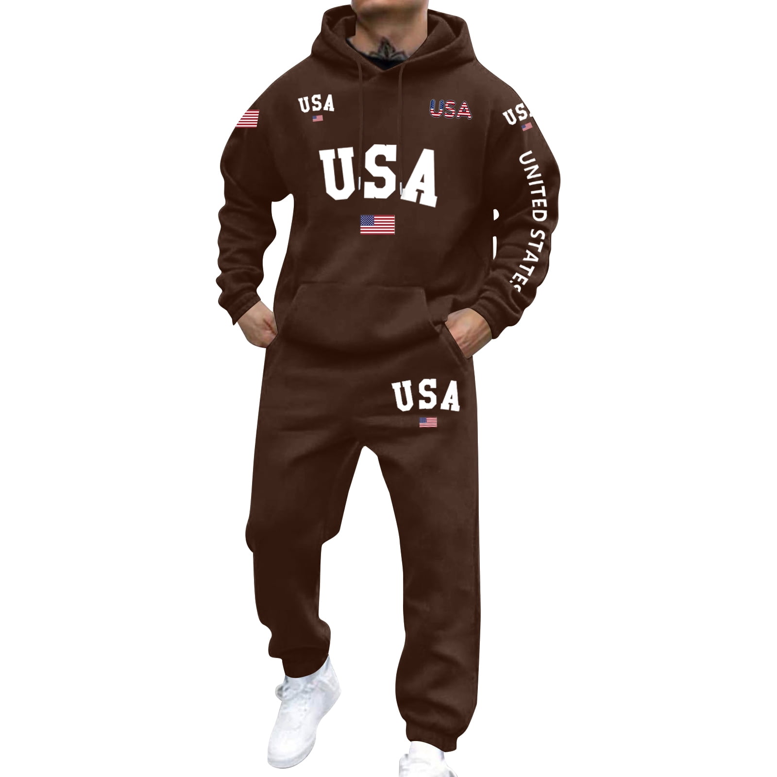 2 Piece Workout Sets for Men American Flag Print Hooded Sweatshirts ...