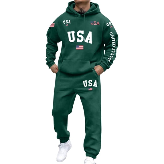 2 Piece Workout Sets for Men American Flag Print Hooded Sweatshirts ...