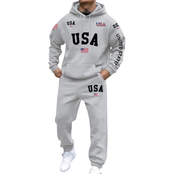 2 Piece Workout Sets for Men American Flag Print Hooded Sweatshirts ...