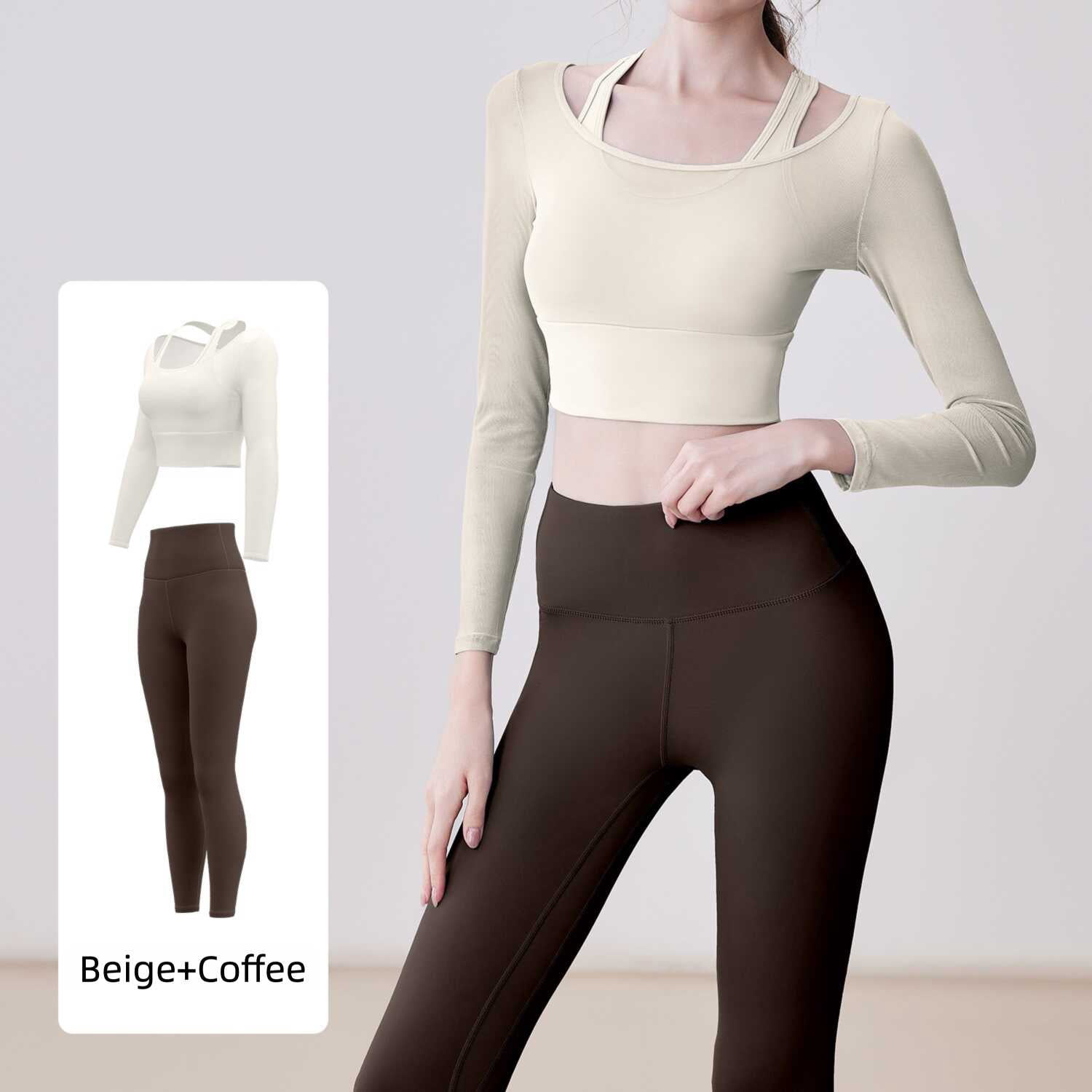2 Piece Yoga Outfit for Women – Mesh Long Sleeve Sports Top with Built ...