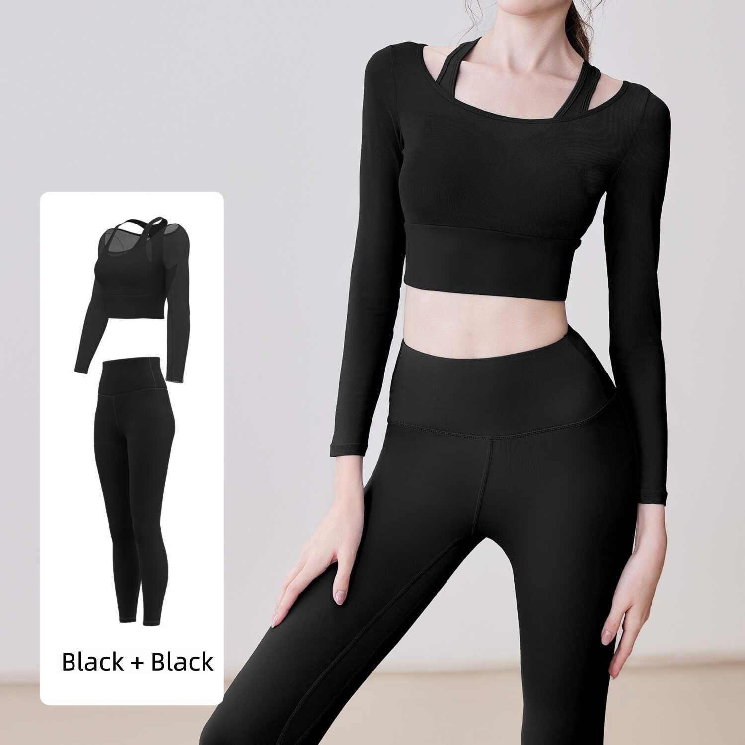2 Piece Yoga Outfit for Women – Mesh Long Sleeve Sports Top with Built ...