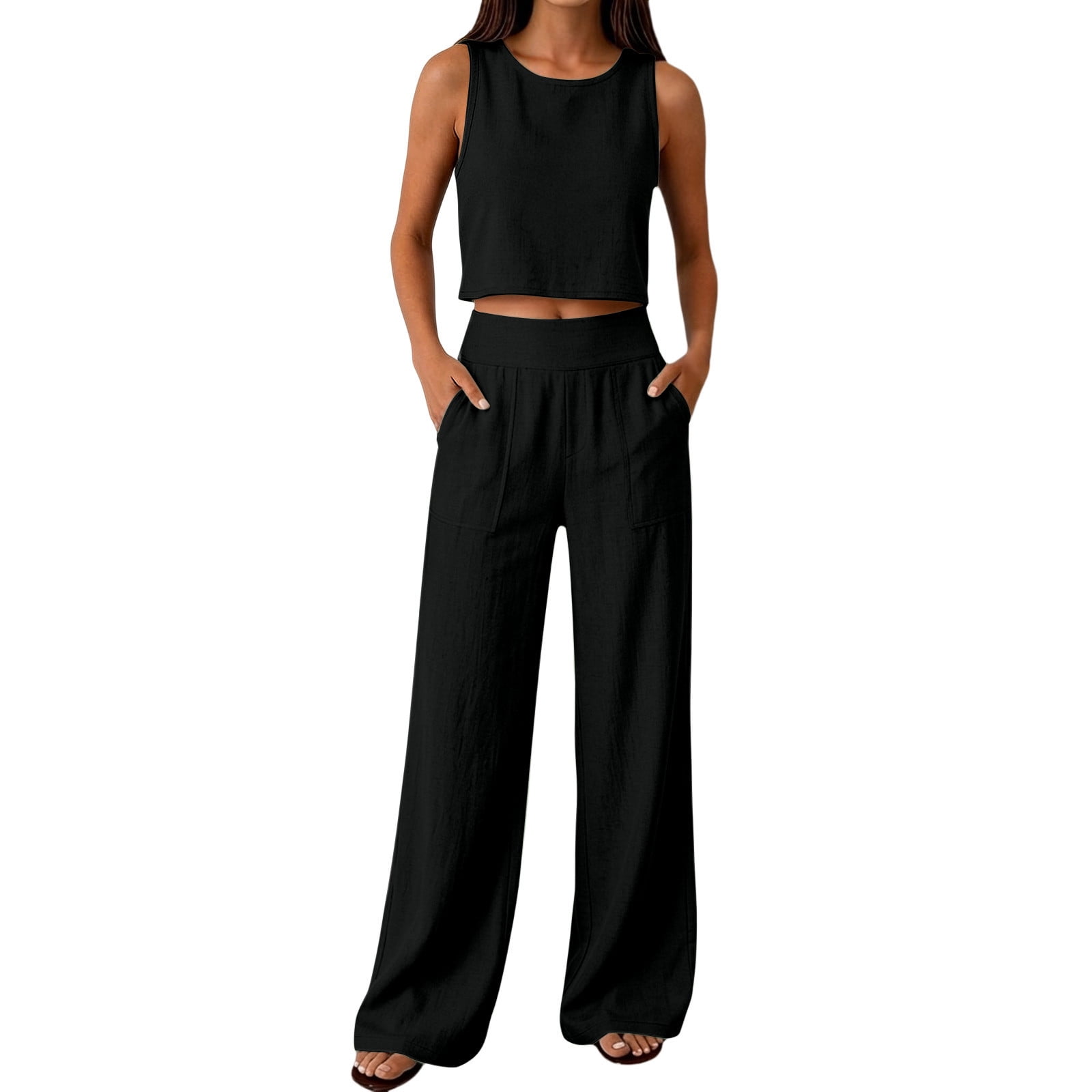 2 Piece of Outfits Casual Plus Size Sleeveless Tank Exposed Navel Side ...