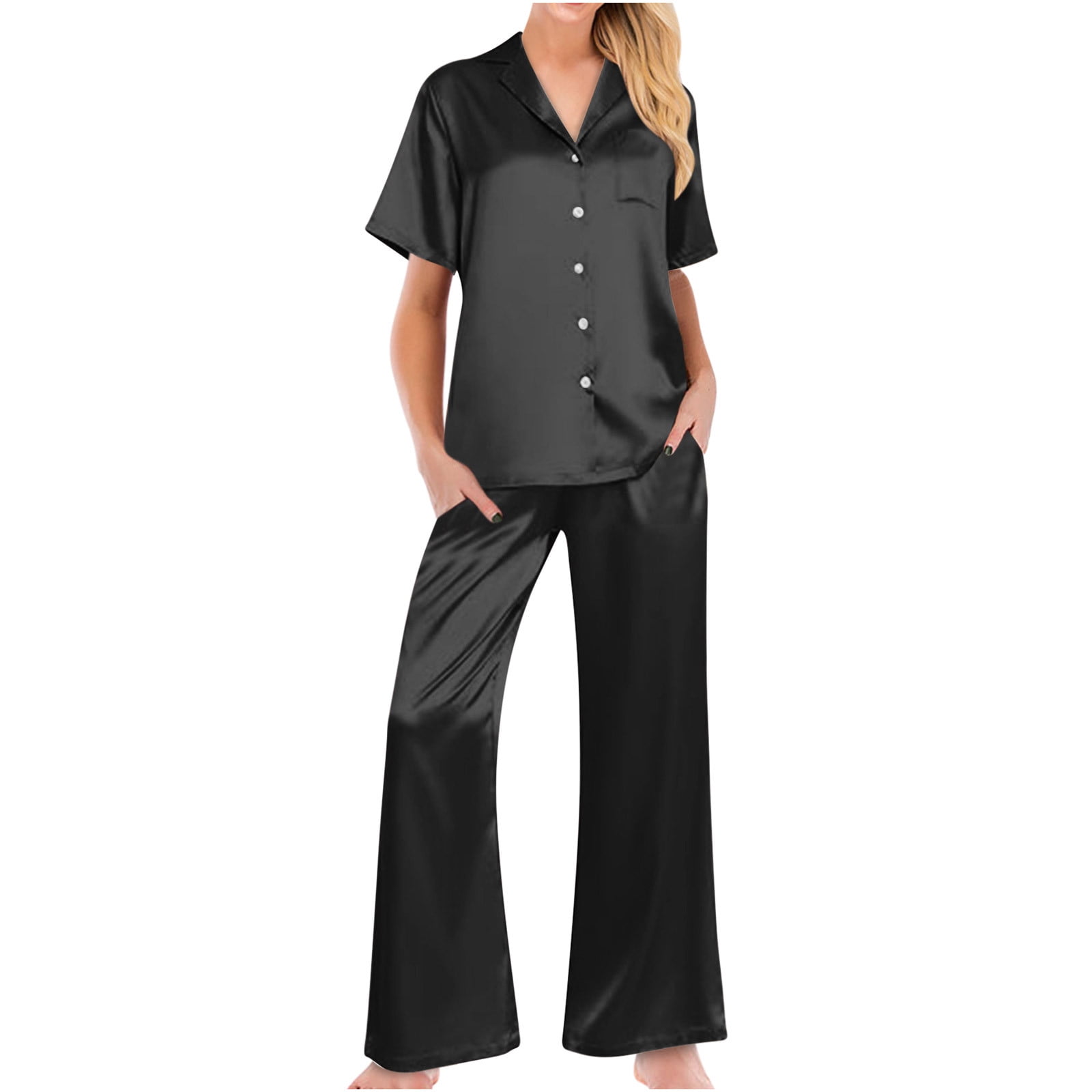 2 Piece wear Outfits for Women Silk Satin Pajama Sets Short Sleeve Crop ...