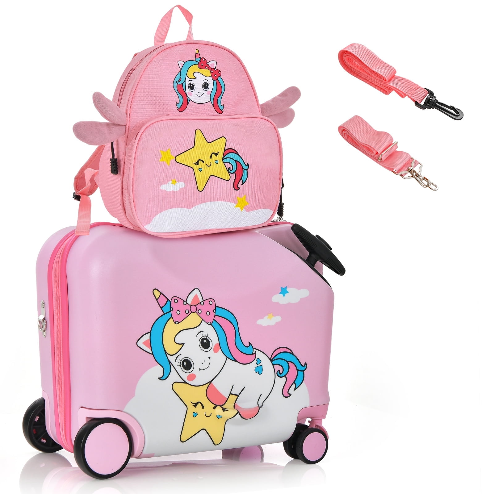 2 Pieces 18 Inch Ride-on Kids Luggage Set with Spinner Wheels and Bee ...
