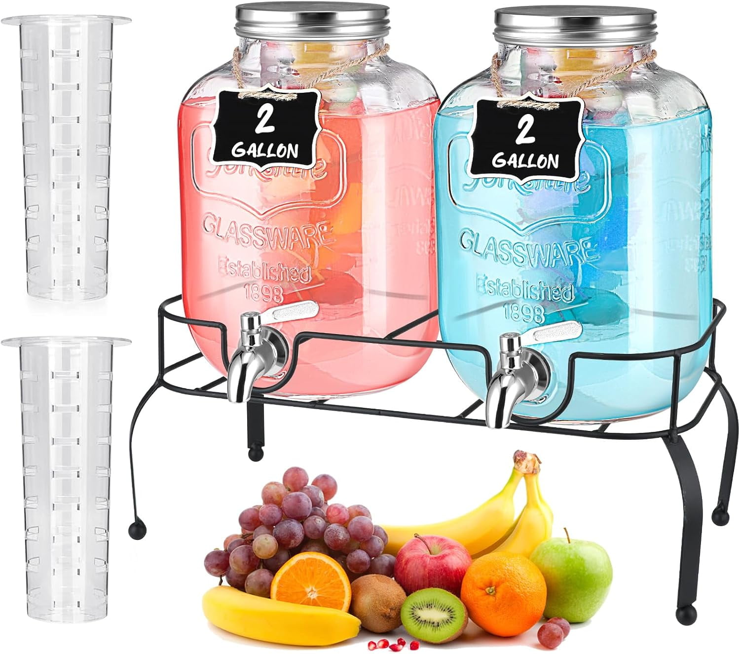 2 Pieces 2 Gallon Glass Beverage Dispenser with Stand Ice Cylinder ...