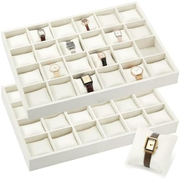 2 Pieces 24 Grid Velvet Watch Tray Jewelry Organizer Stackable Watch ...