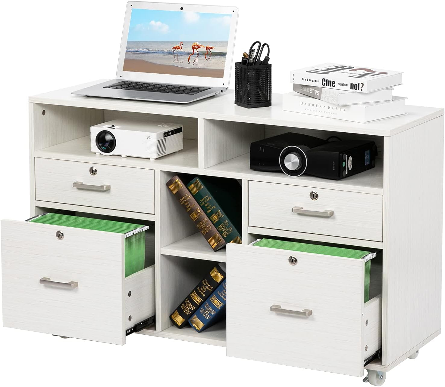 Wood Mobile File Cabinet with 4 Drawers and Shelves, Printer Stand with ...