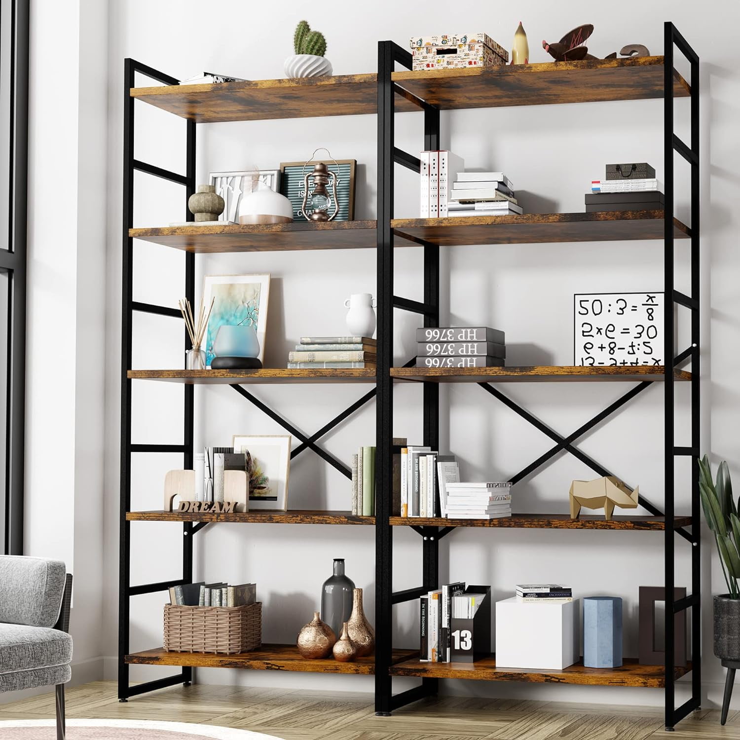 2 Pieces 5 Tiers Bookshelf, Classically Tall Bookcase Shelf, Industrial Book Rack, Modern Book ...