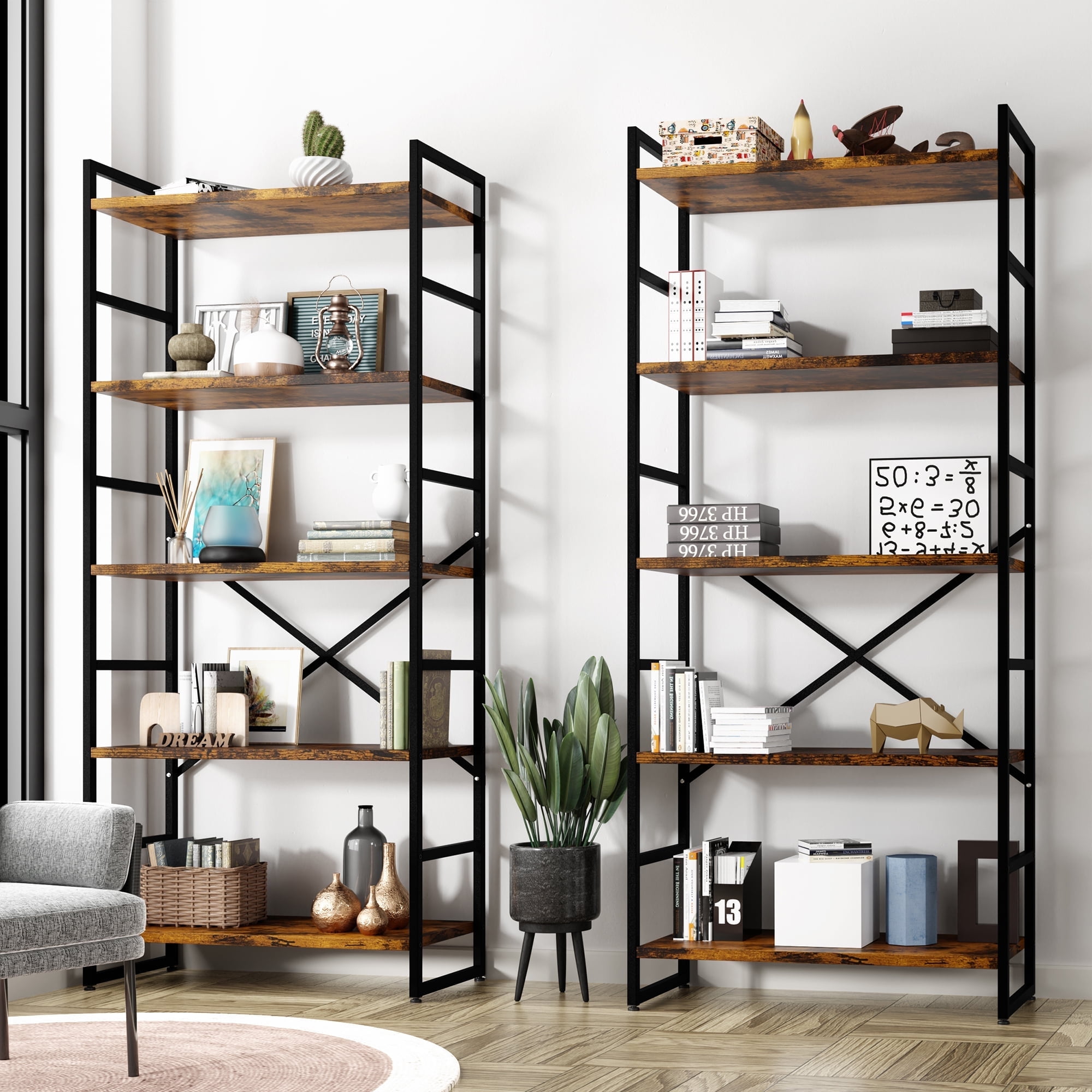 5-Tier Industrial Book Rack, Modern Book Holder, Brown Wood, 2 Pieces ...