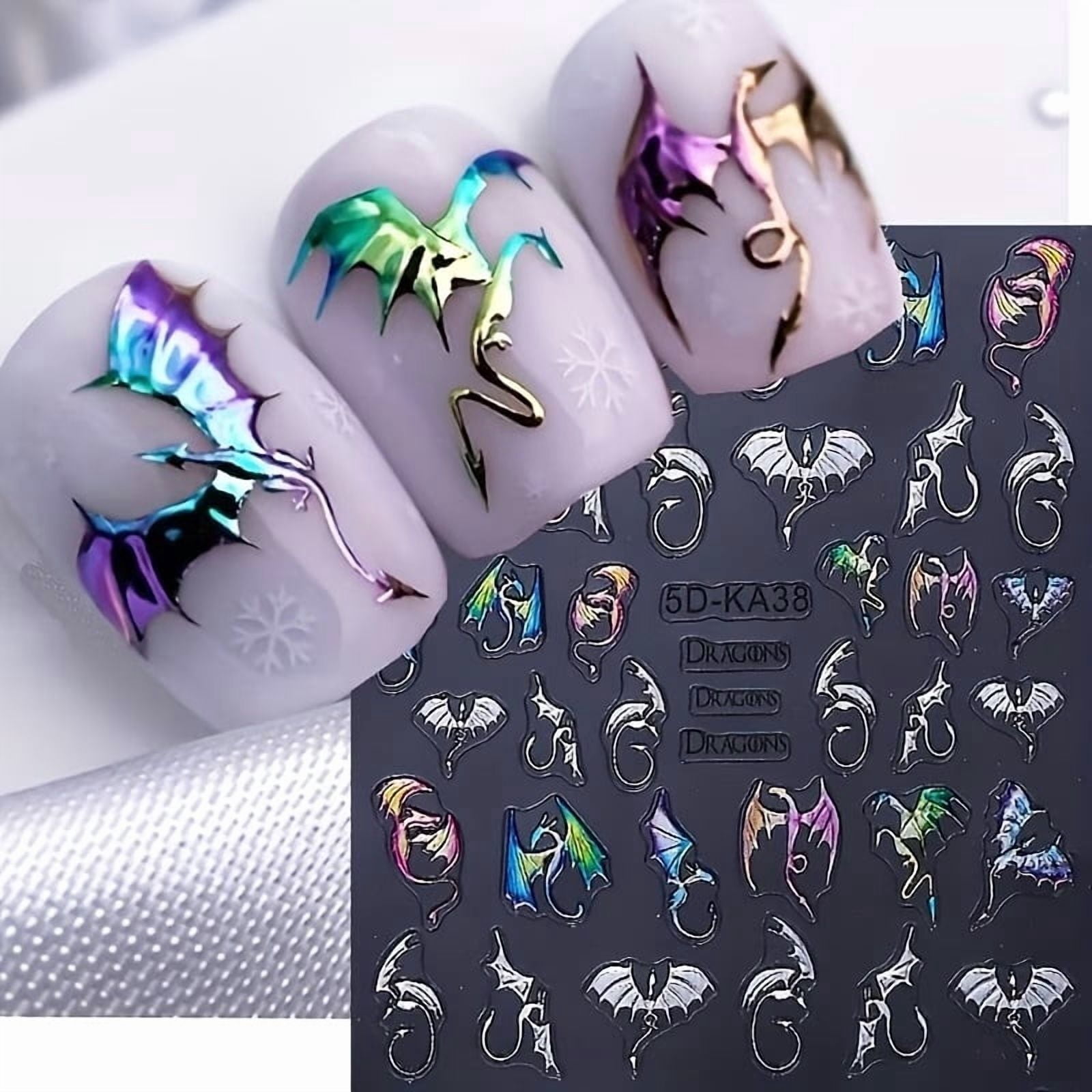 2 Pieces 5D Embossed Metal Dragon Claw Nail Wraps - 3D Silver Bat ...