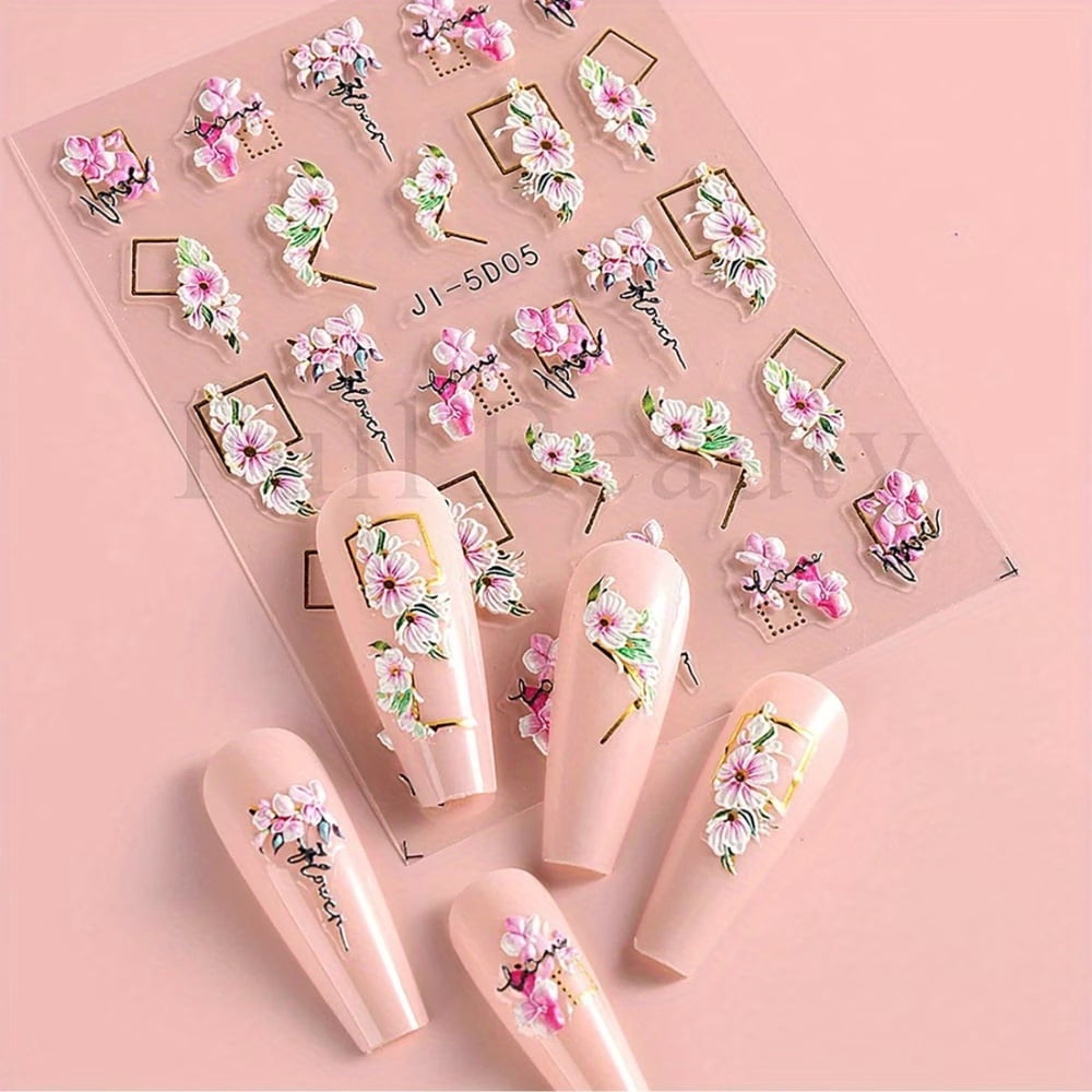 2 Pieces 5D Three-Dimensional Nail Art Stickers - Embossed Pink Tulip ...