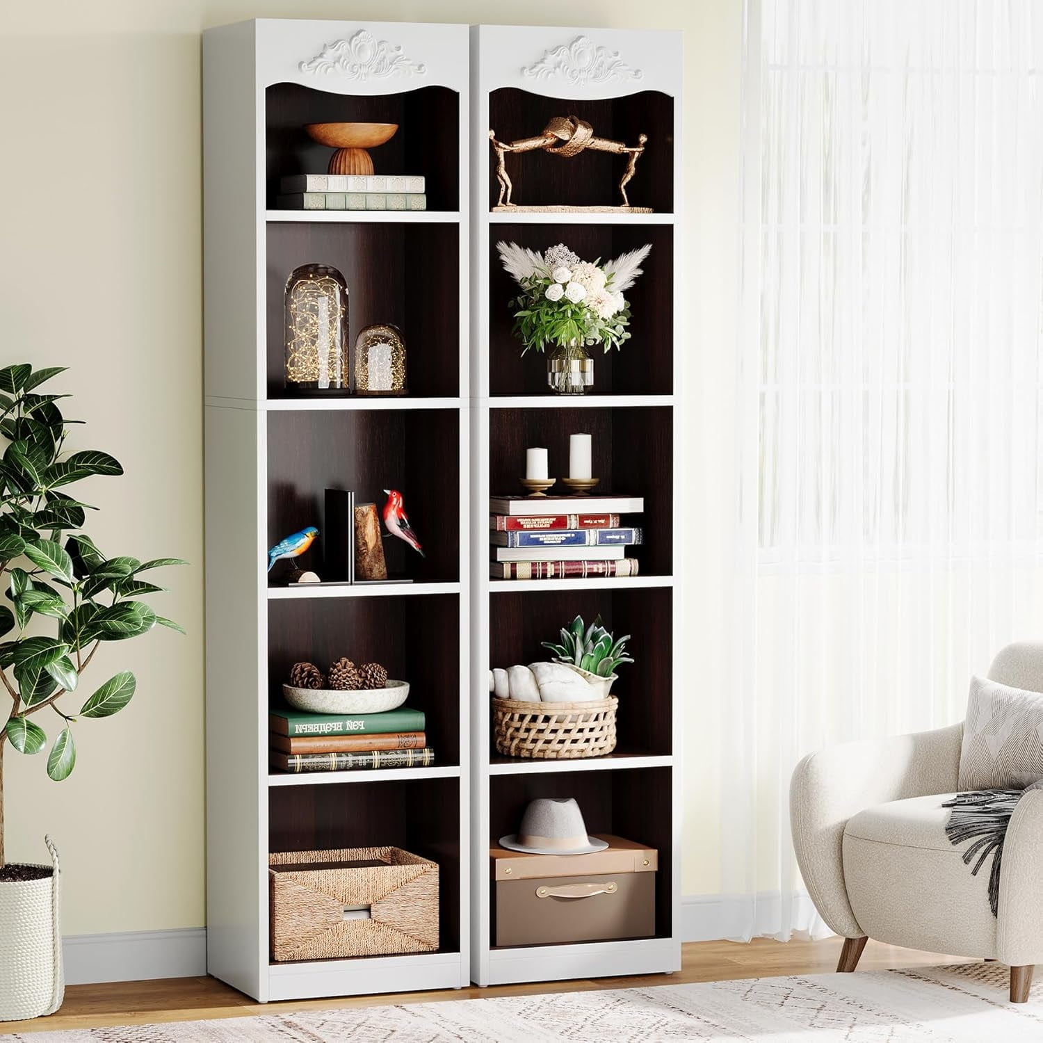 2 Pieces 70.87-Inch Tall Bookcase 5-Tier Narrow Wood Bookshelf with ...