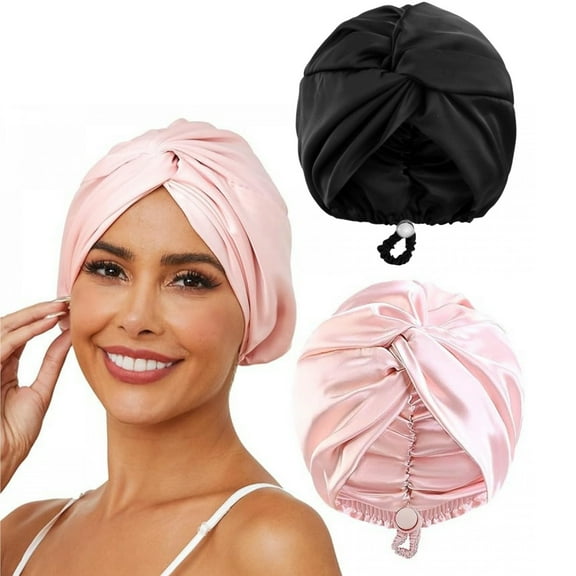 Double Layer Adjustable Satin Silk Bonnet Sleep Cap – Black, Hair ...