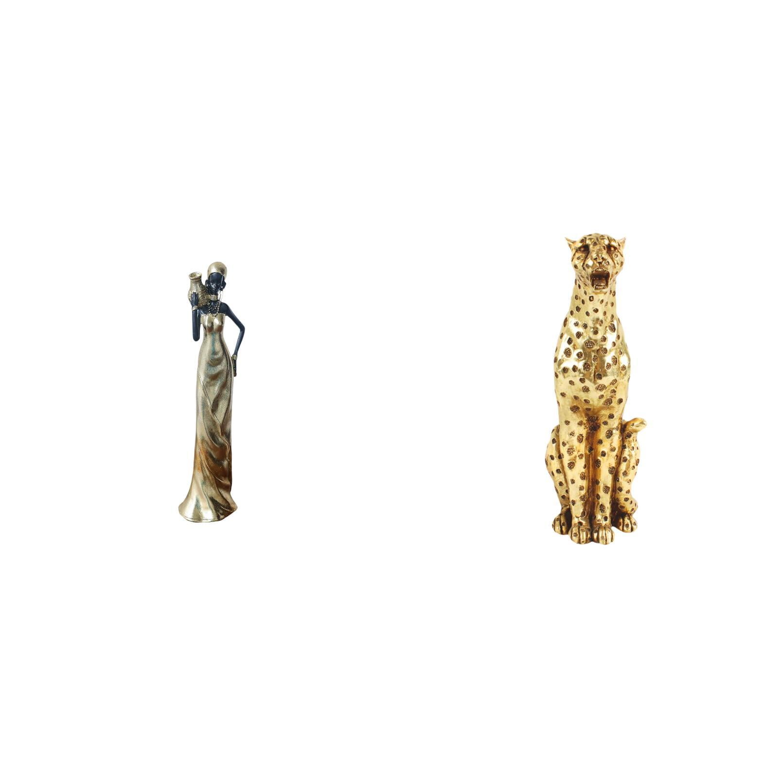 2 Pieces African Tribal Lady Statue Gold Cheetah Sculpture Resin Hand ...