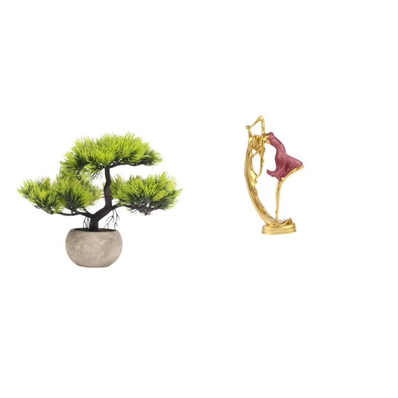 2 Pieces Artificial Bonsai Tree Dancing Girl Statue Faux Greenery Resin ...