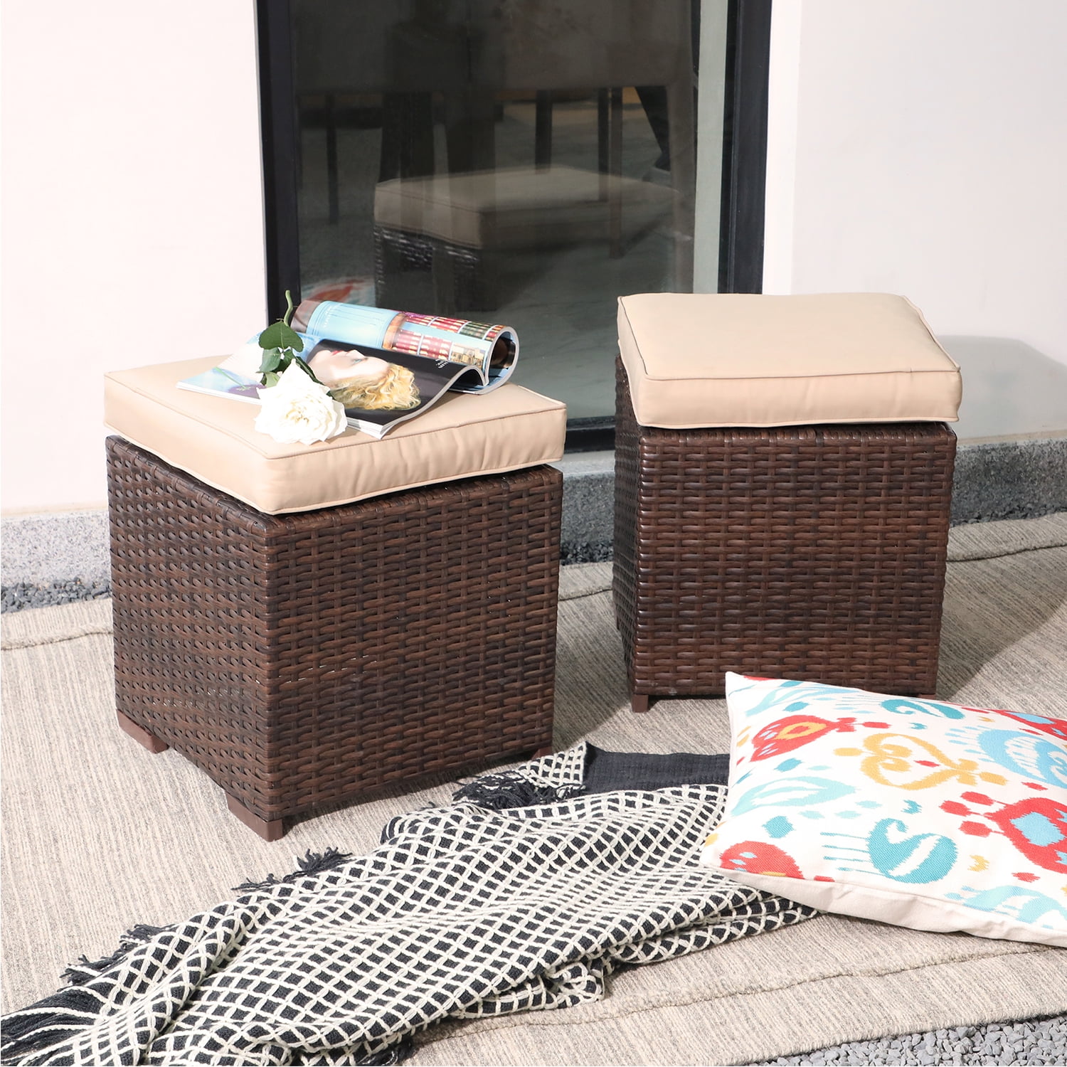 2 Pieces Assembled Outdoor Patio Ottoman All Weather Dark Brown Rattan Wicker Ottoman Set Outdoor Footstool Footrest Seat with Beige Cushions No Assembly Required Walmart