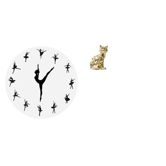 2 Pieces Ballerina Wall Clock Cat Figurine Silent Ceramic Hanging Decor ...
