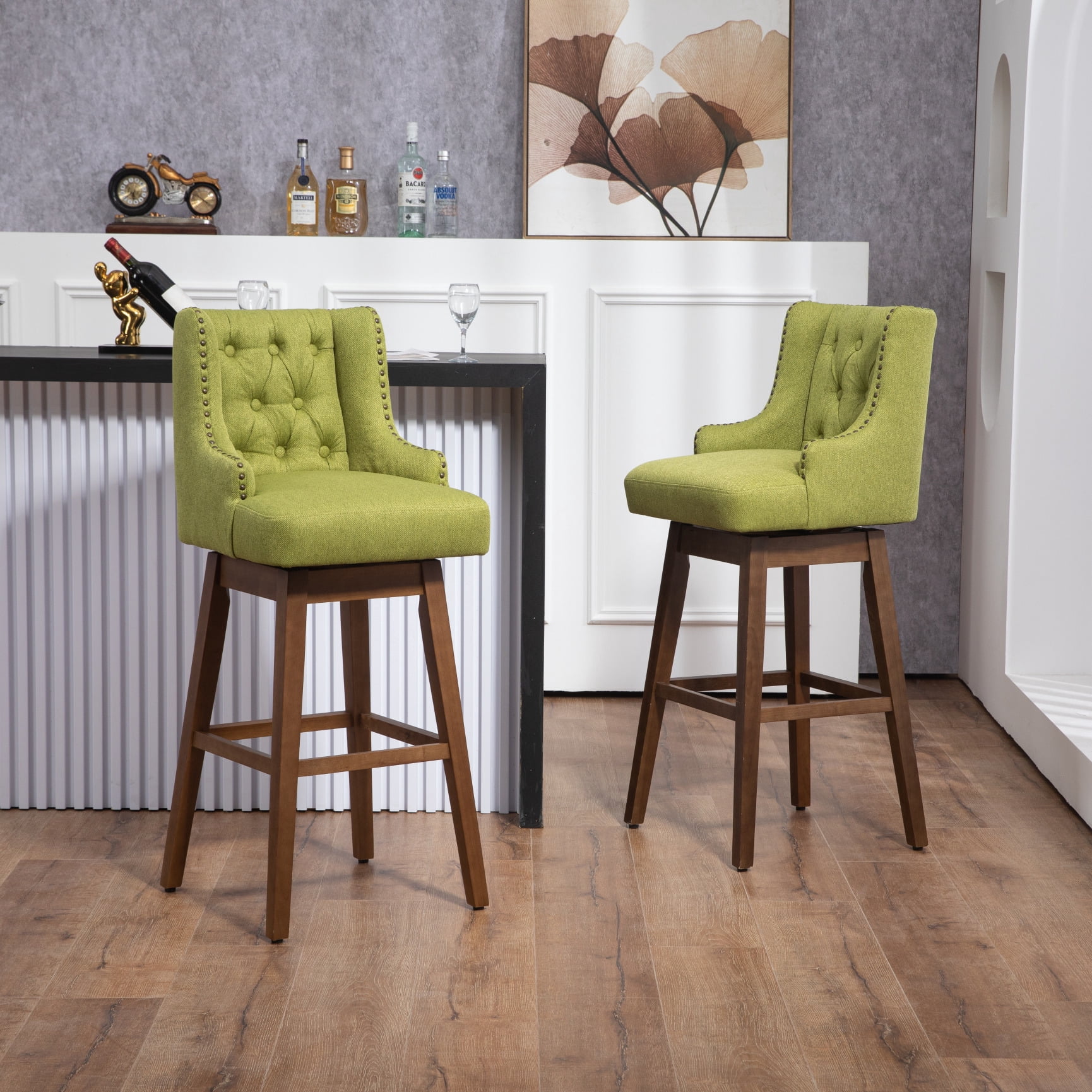 2 Pieces Bar Stools, 360 Degrees Upholstered Barstools with Button ...