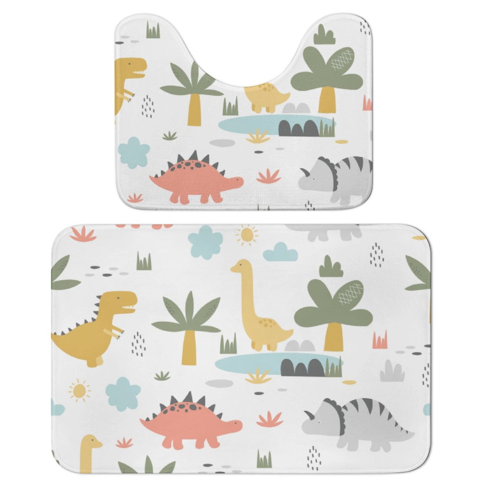 2 Pieces Bathroom Rugs Set With U-Shaped Mat Bath Mat, Cute Dinosaurs ...