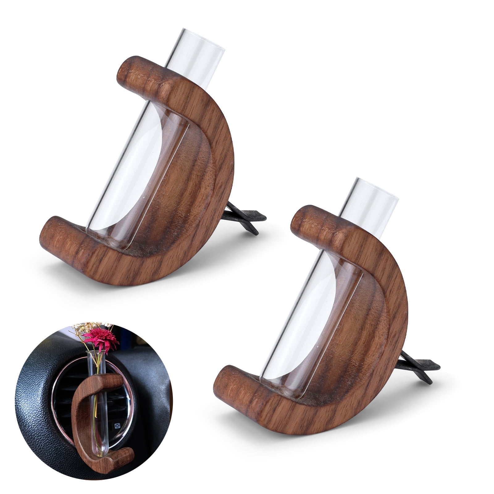 2 Pieces C-shaped Mini Car Vent Flower Vase Glass Tube, Wooden Plant ...
