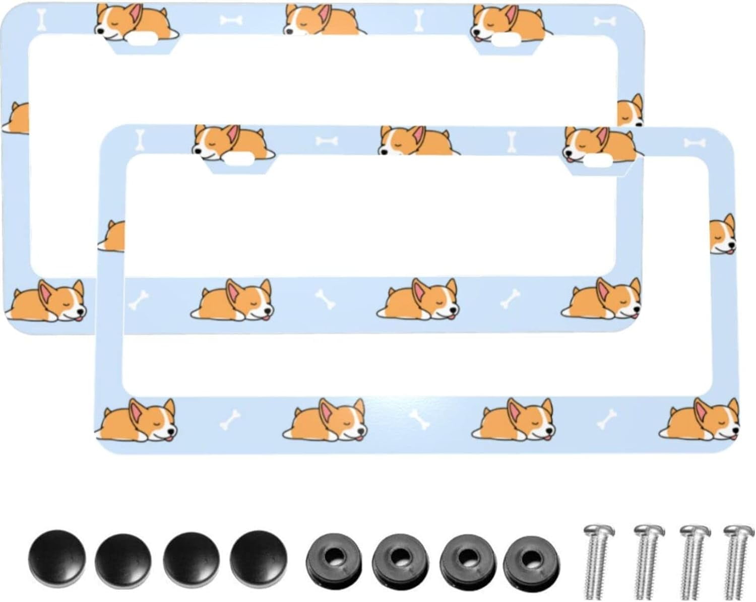 2 Pieces Cartoon Sleep Corgi Cute Blue Metal License Plate Frame with ...