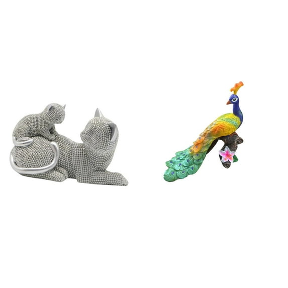 2 Pieces Cat Statue Peacock Desktop Figurine Resin Material for Office ...
