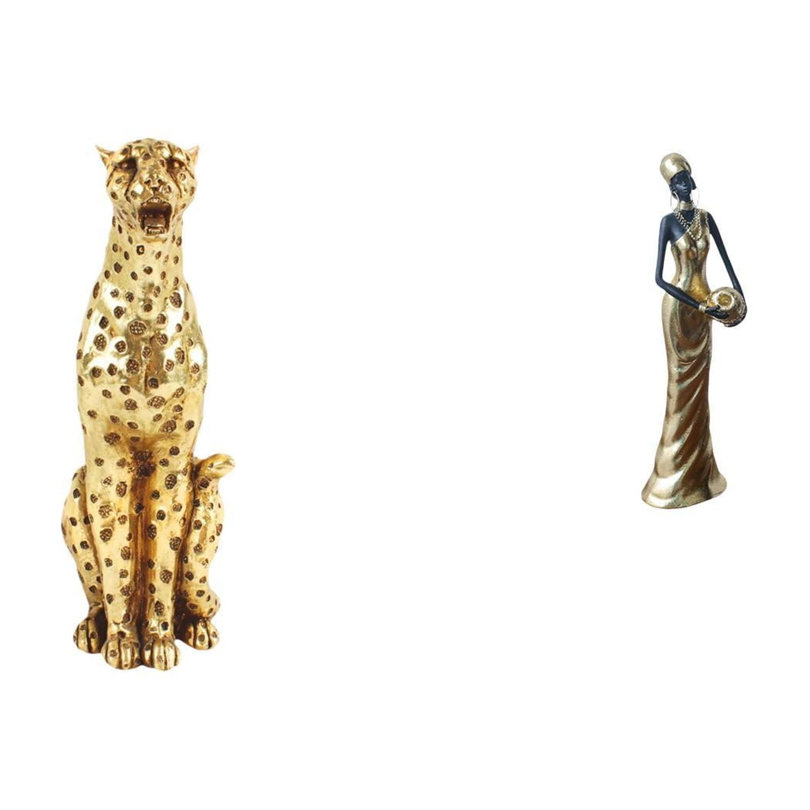 2 Pieces Cheetah Figurine Gold Tribal Lady Sculpture Resin Material ...