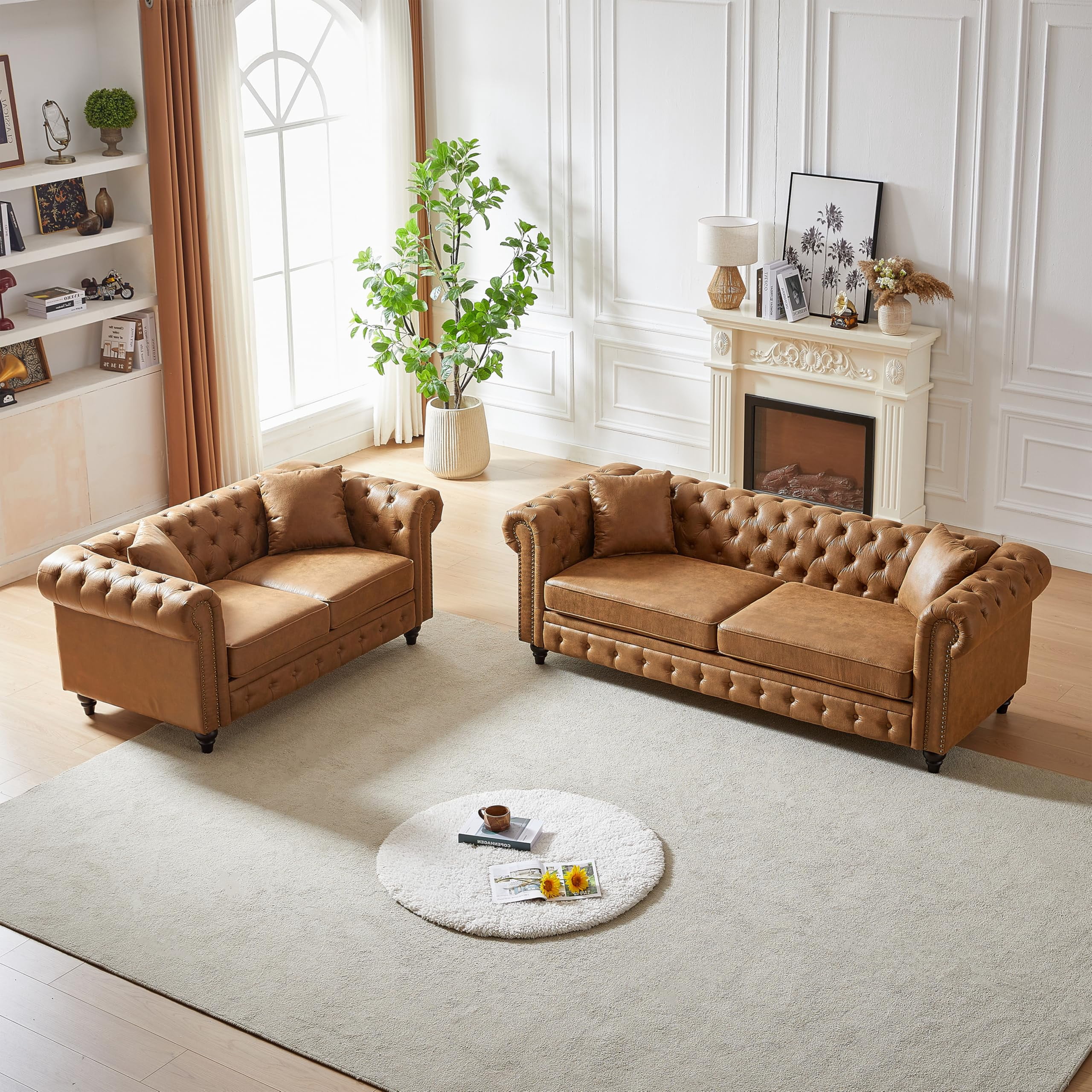 2 Pieces Chesterfield Sofa Sets Nailhead Decor Faux Leather Upholstered ...