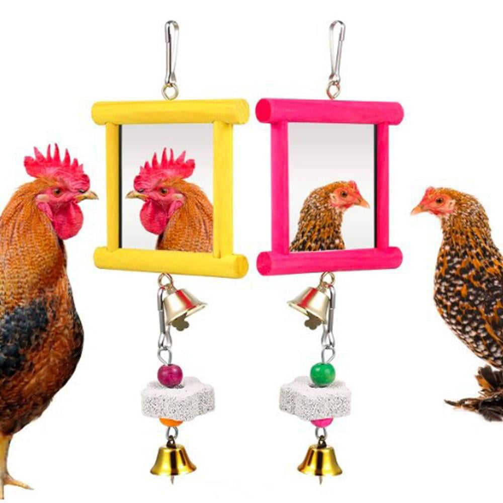 2 Pieces Chicken Mirror Toys Hanging Swing Mirror with Bell Wooden Pecking Toy and 4 Pieces Beak ...
