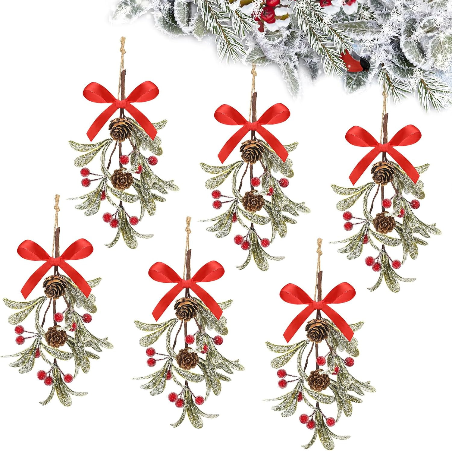 2 Pieces Christmas Artificial Mistletoe Ornament with Red Bow Christmas ...