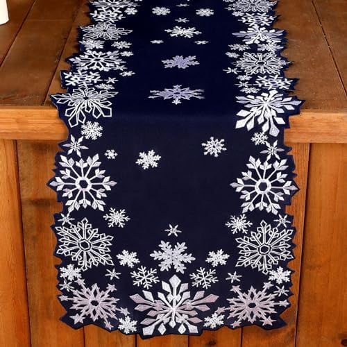 2 Pieces Christmas Snowflakes Table Runners Embroidered Navy Blue ...