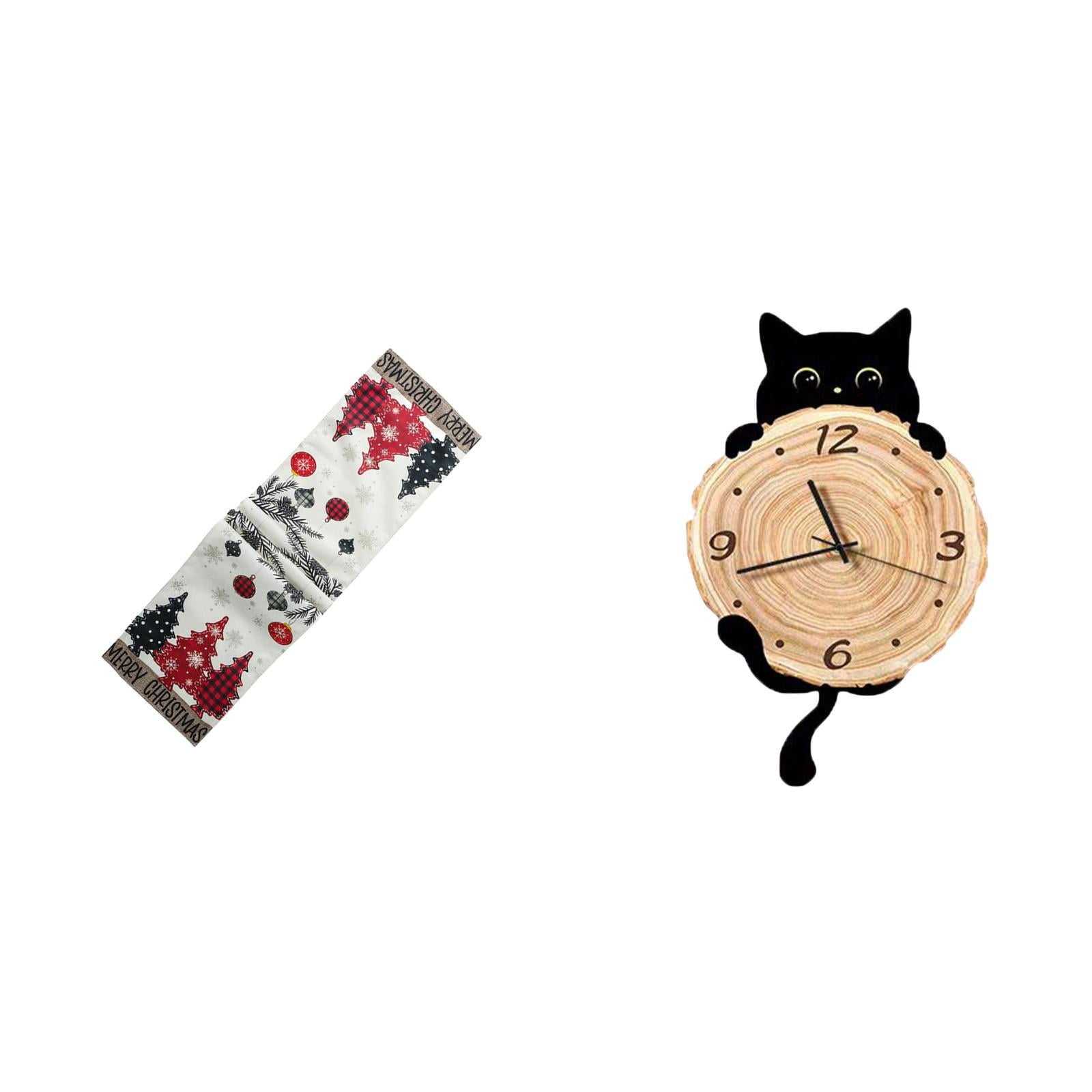 2 Pieces Christmas Table Runner Wall Clock Cat Design Polyester ...