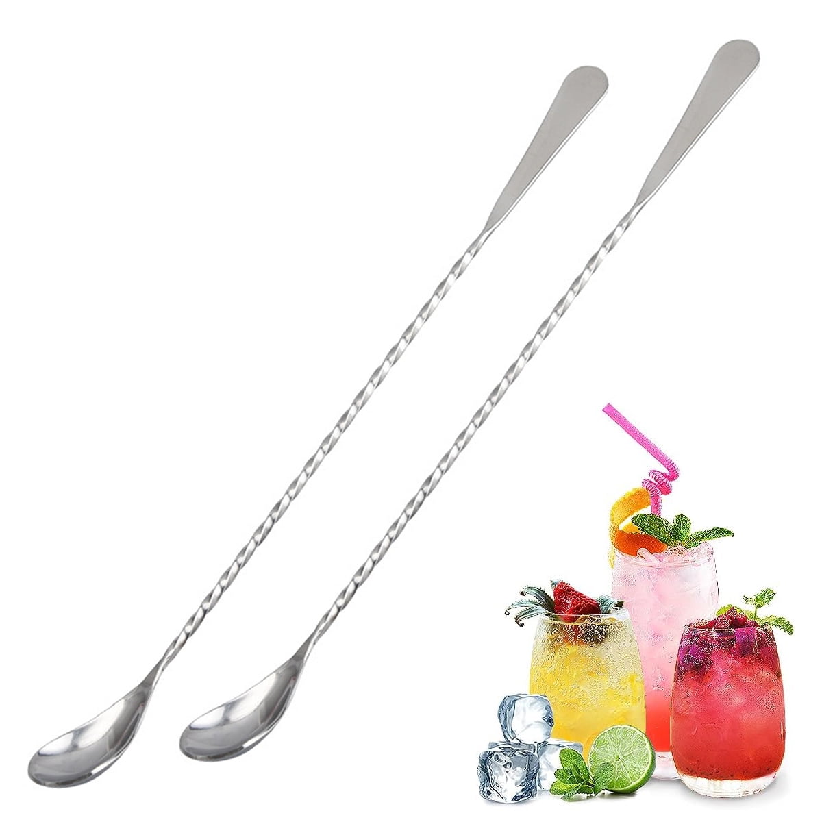 2 Pieces Cocktail Mixing Glass Bar Spoon - Long Handle Stainless Steel ...
