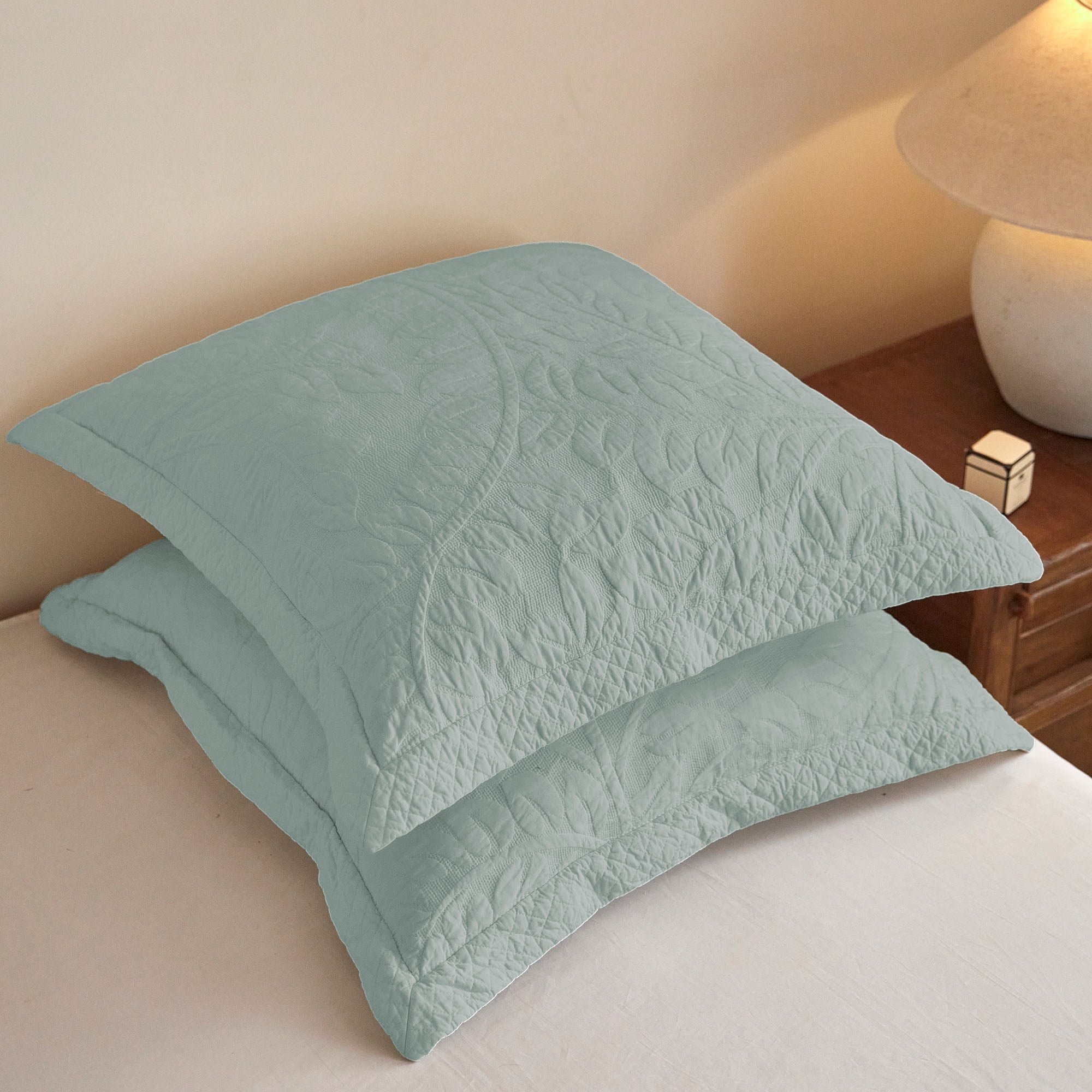 2-Pieces Cotton Aruba Blue Embroidered Quilted Pillow Shams Euro Size ...