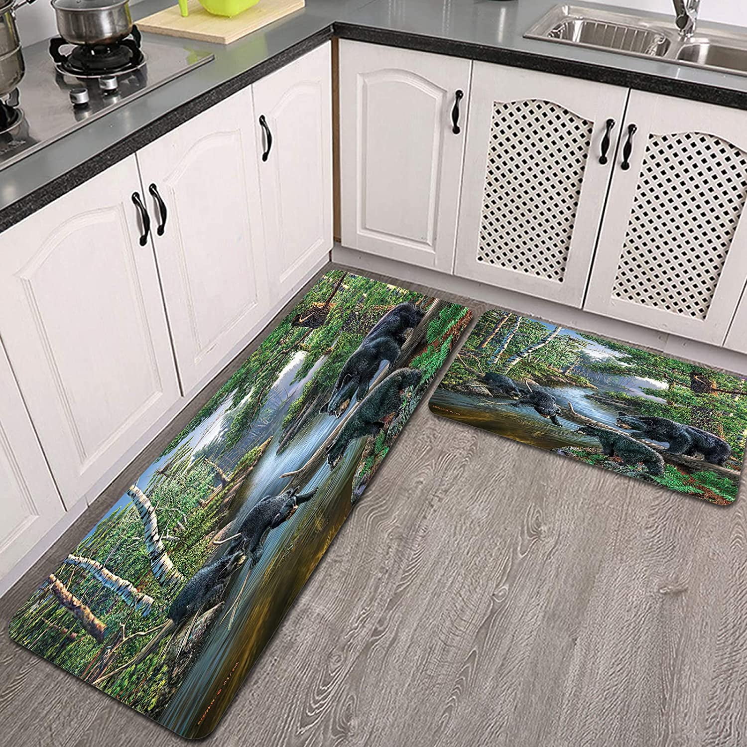 2 Pieces Country Bear Non-Slip Kitchen Rug Set,Wildlife Bear in The ...