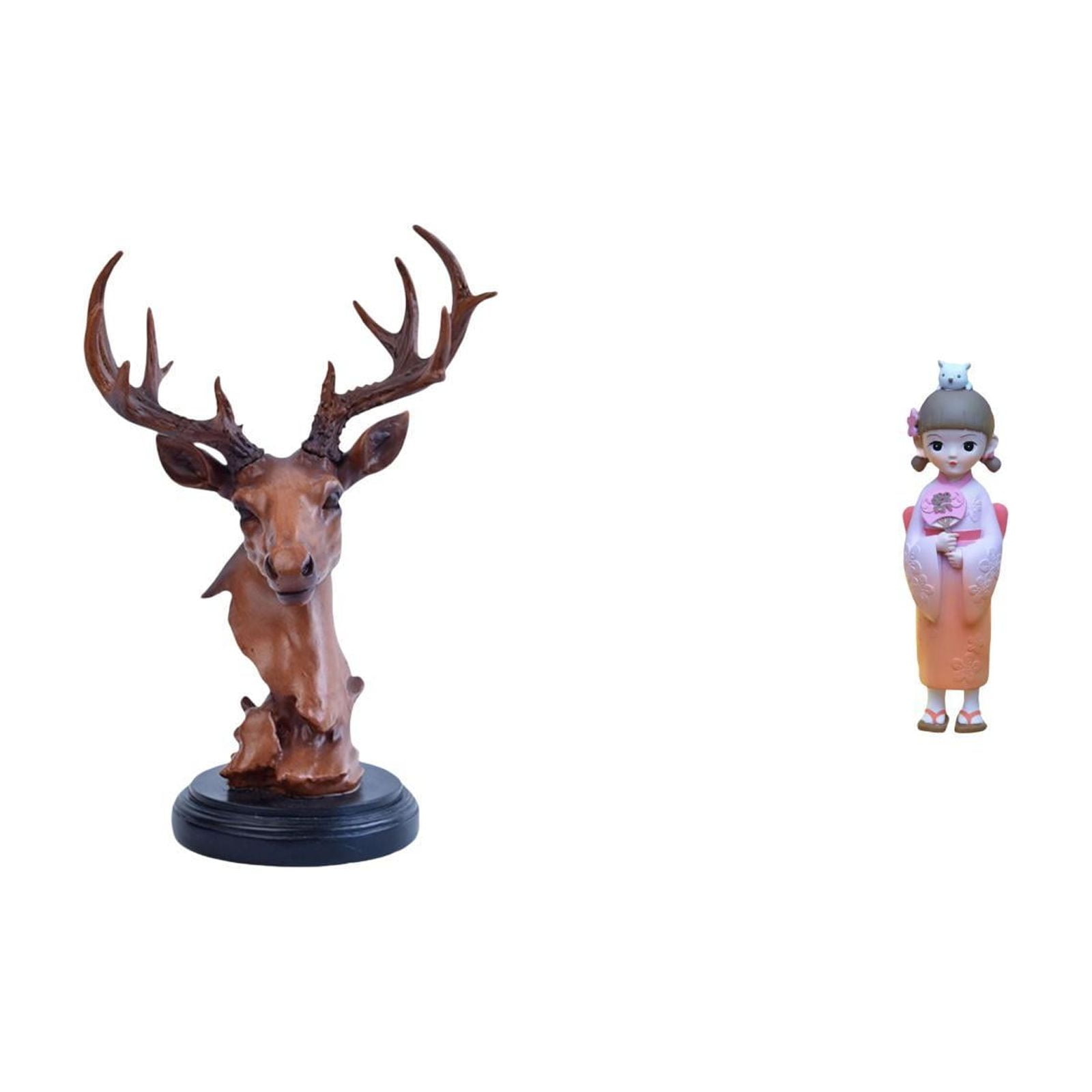 2 Pieces Deer Head Figurine Animal Statue Japanese Geisha Doll Resin ...