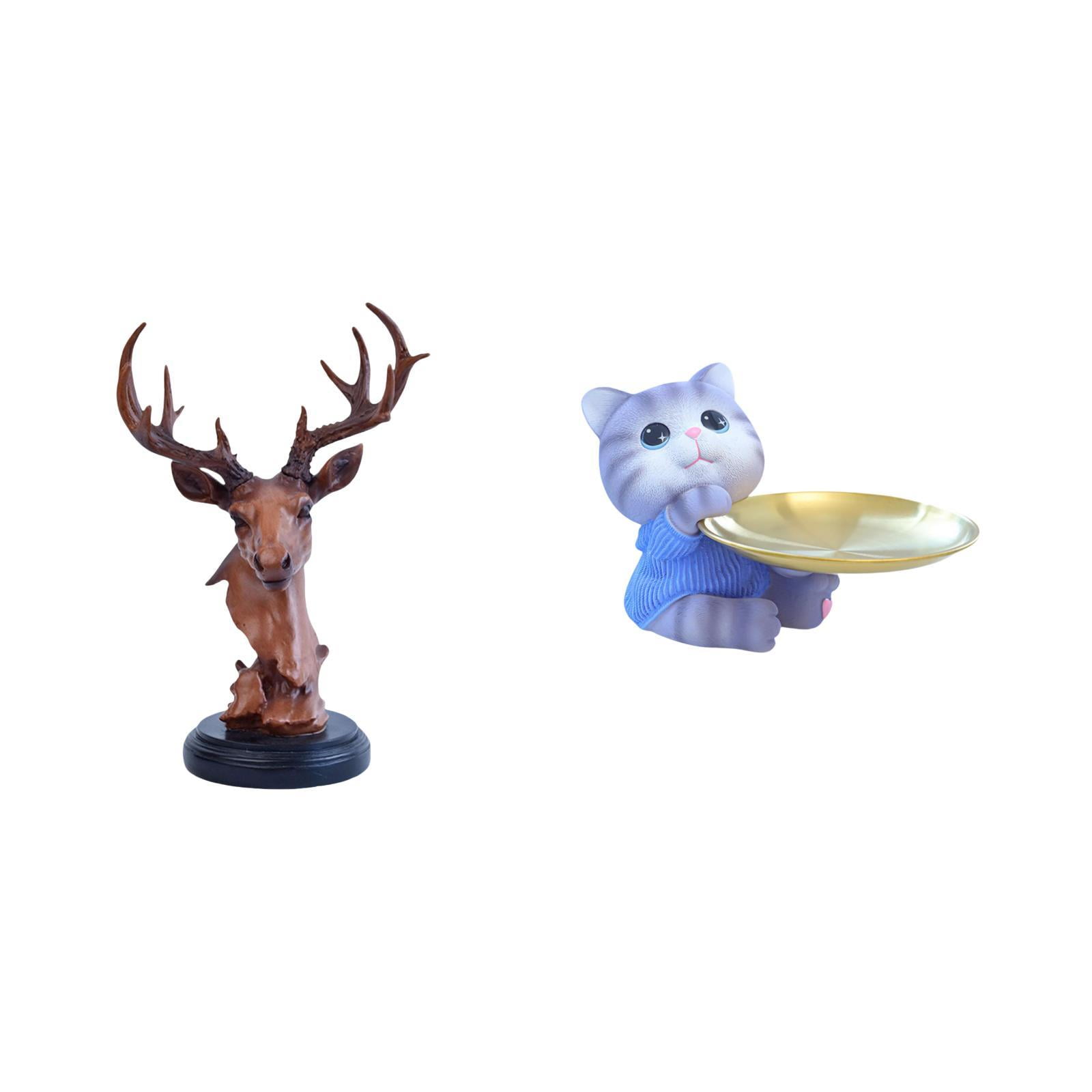 2 Pieces Deer Head Figurine Cat Tray Bear Statue Resin Material ...